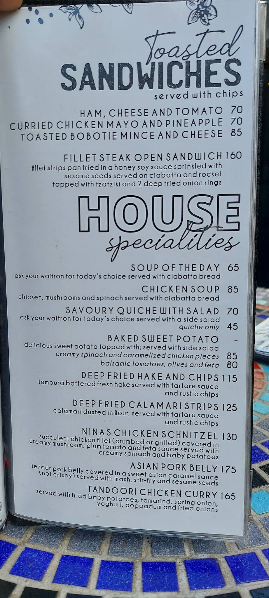 Menu at Nina's Cafe., George