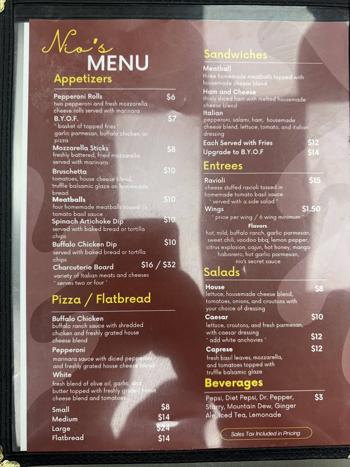 Menu at Nio's Restaurant & Bar, Weirton