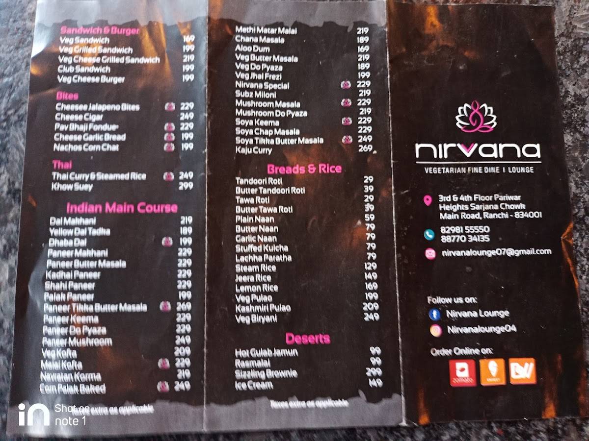 Menu at Nirvana Lounge & Restaurant, Ranchi, 3rd & 4th Parivar Heights ...
