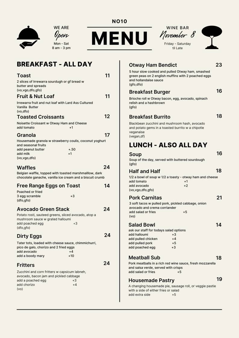 Menu at No. 10 James Street cafe, Geelong