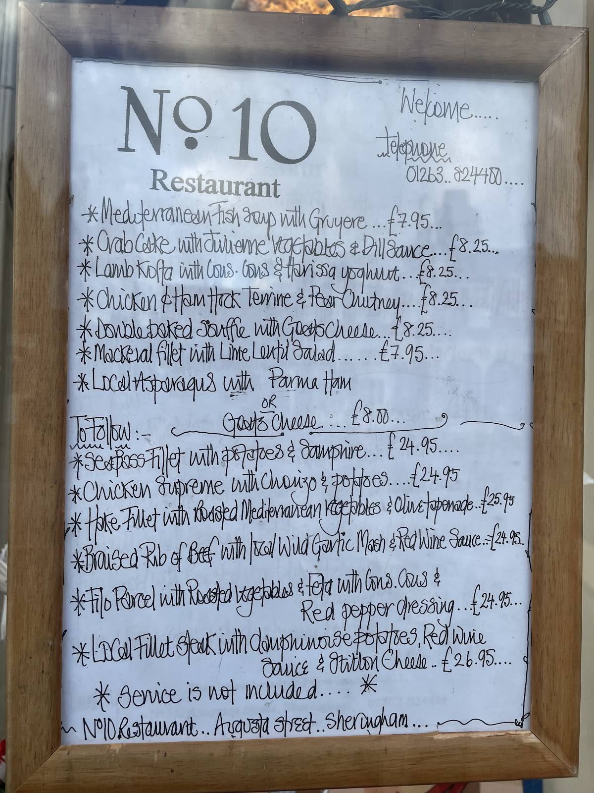 Menu at No. 10 restaurant, Sheringham