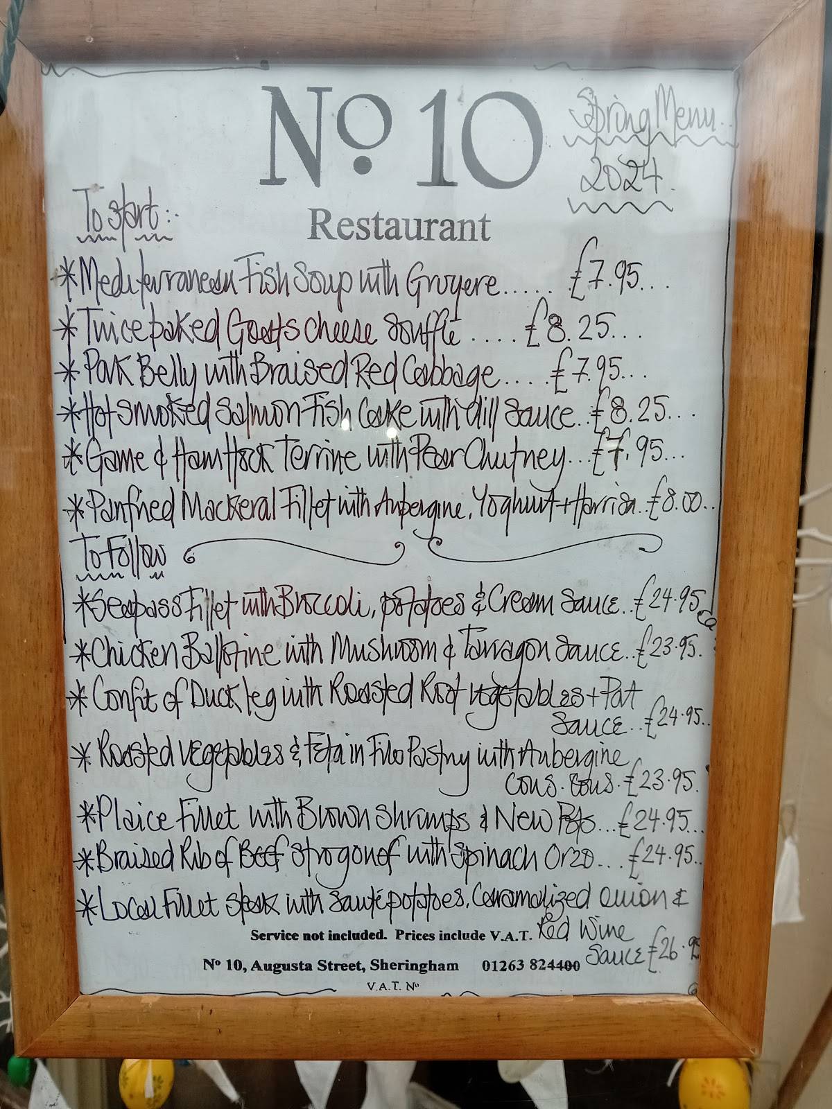 Menu at No. 10 restaurant, Sheringham
