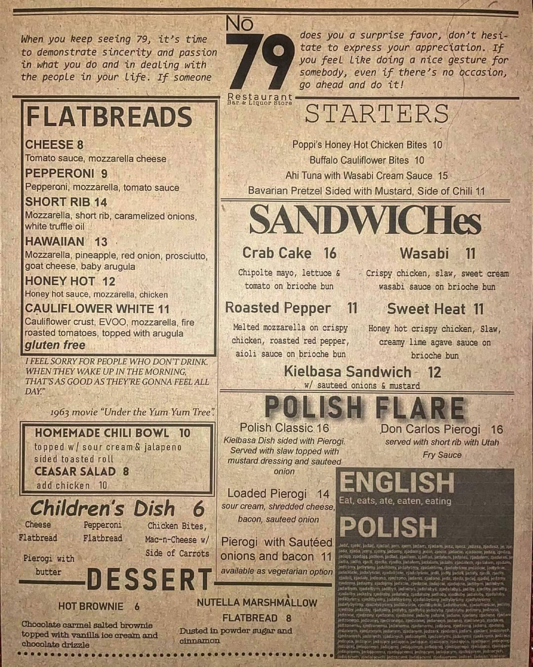Carta de No.79 Restaurant Bar & Liquor Store, Hammonton