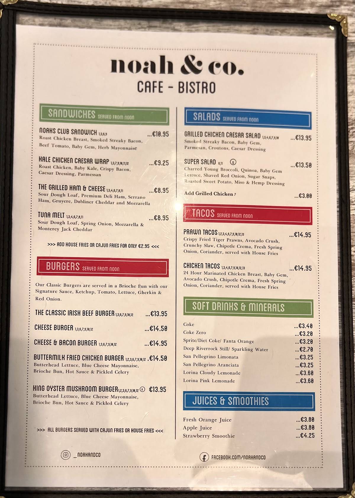 Menu at Noah & Co restaurant, Swords