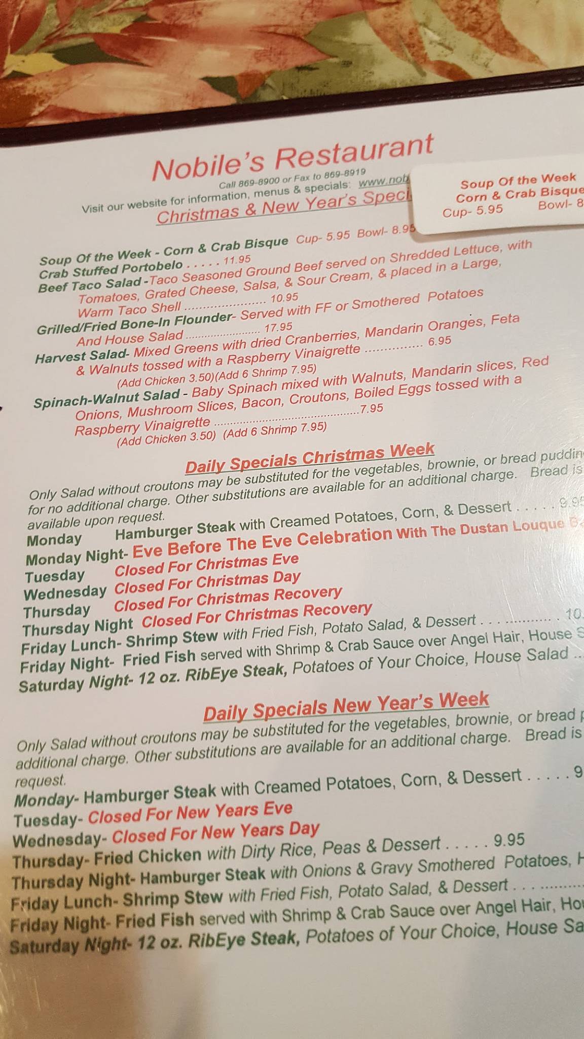 Menu at Nobile's Restaurant & Bar, Lutcher