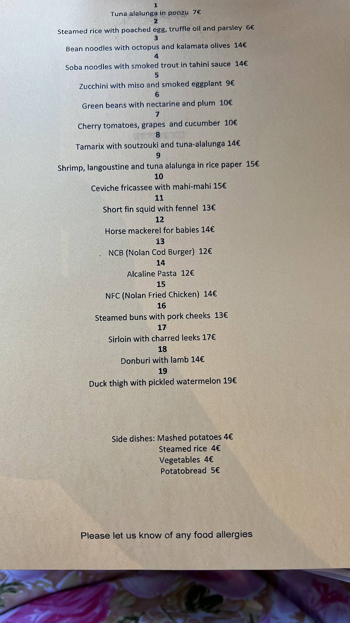 Menu at Nolan, Athens