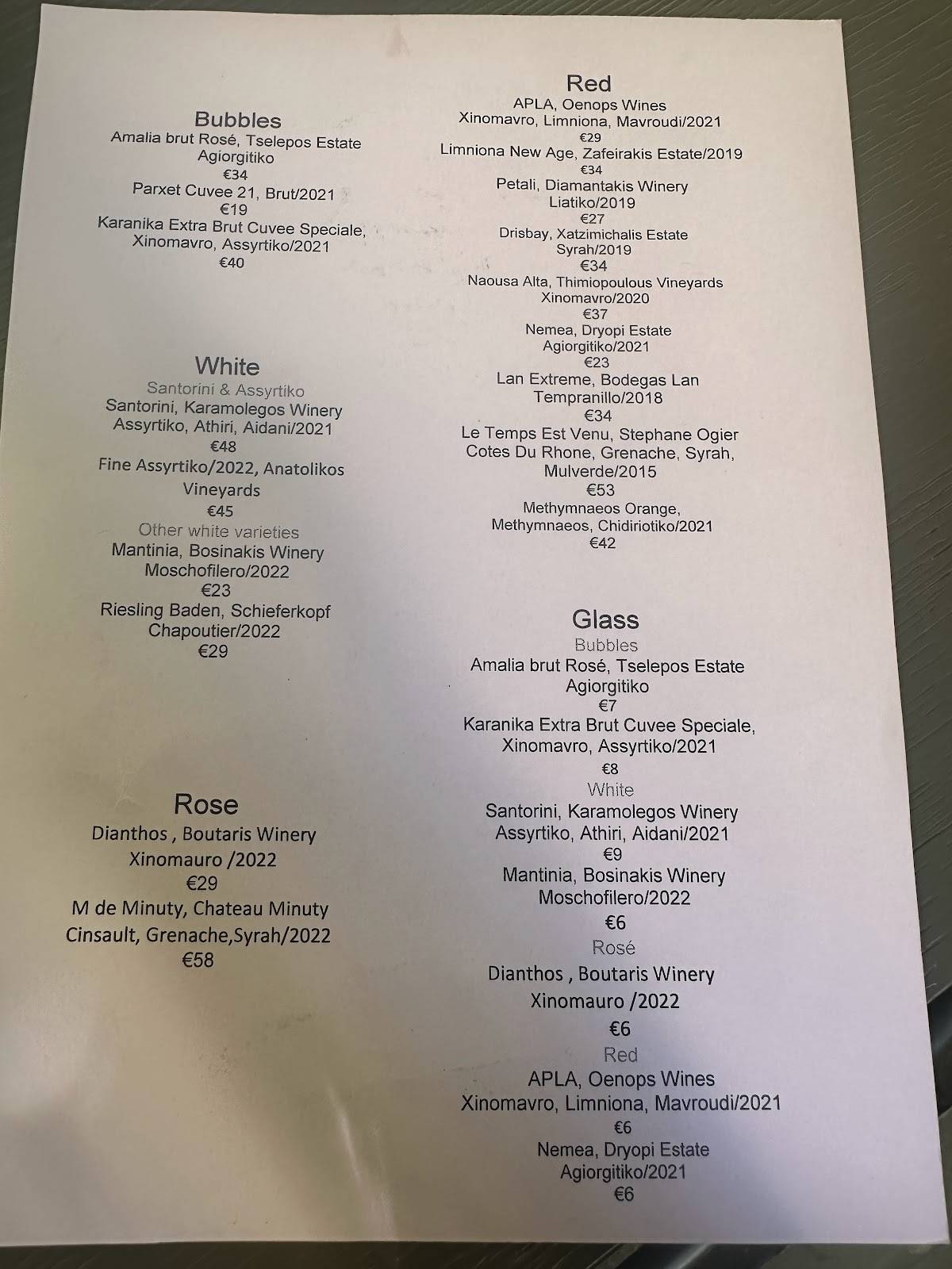 Menu at Nolan, Athens