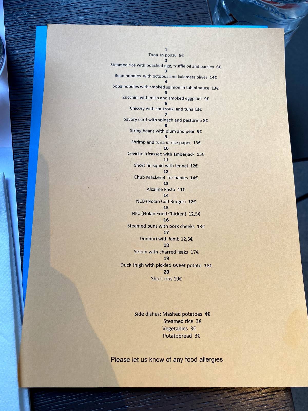 Menu at Nolan, Athens