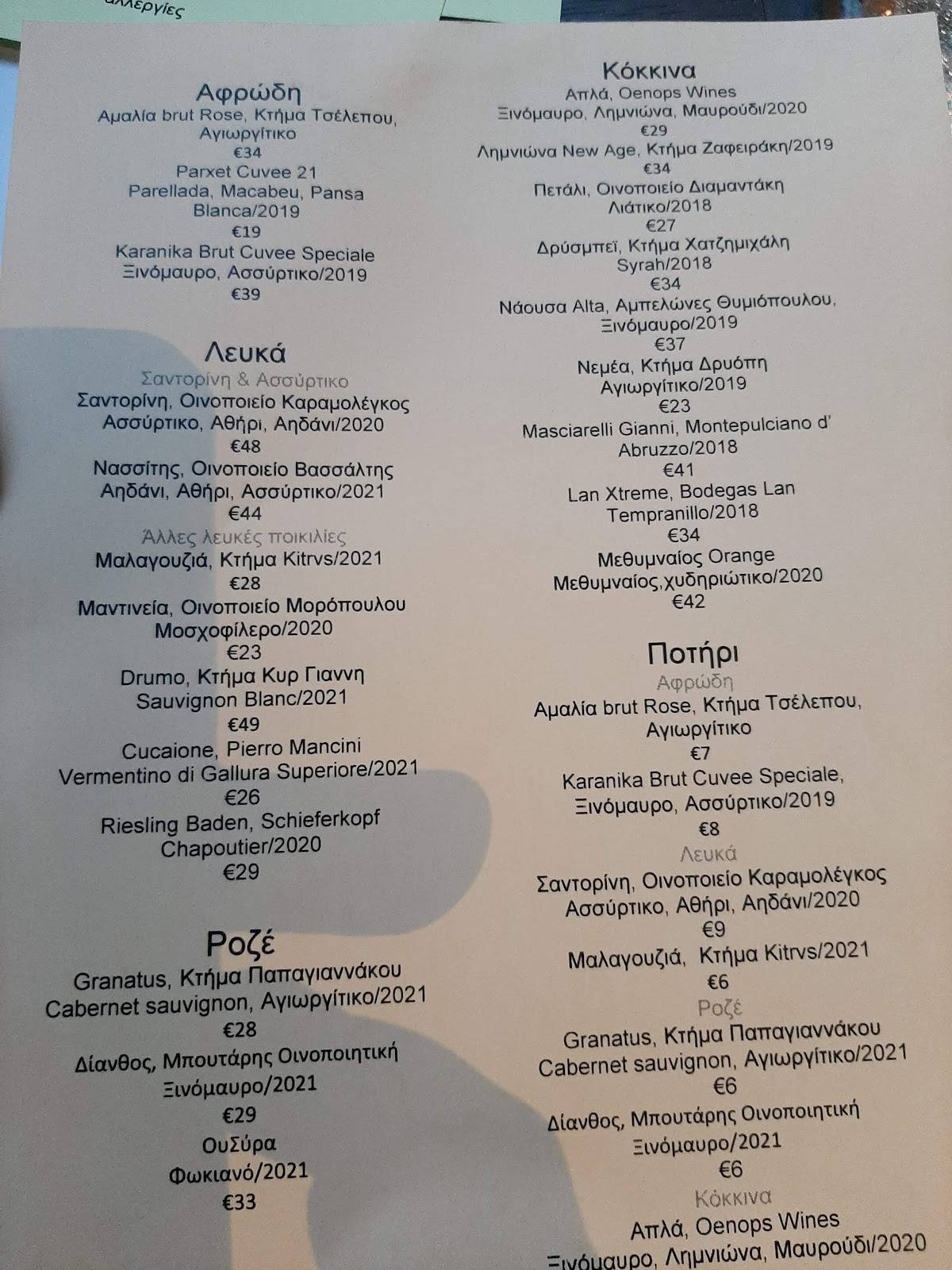 Menu at Nolan, Athens