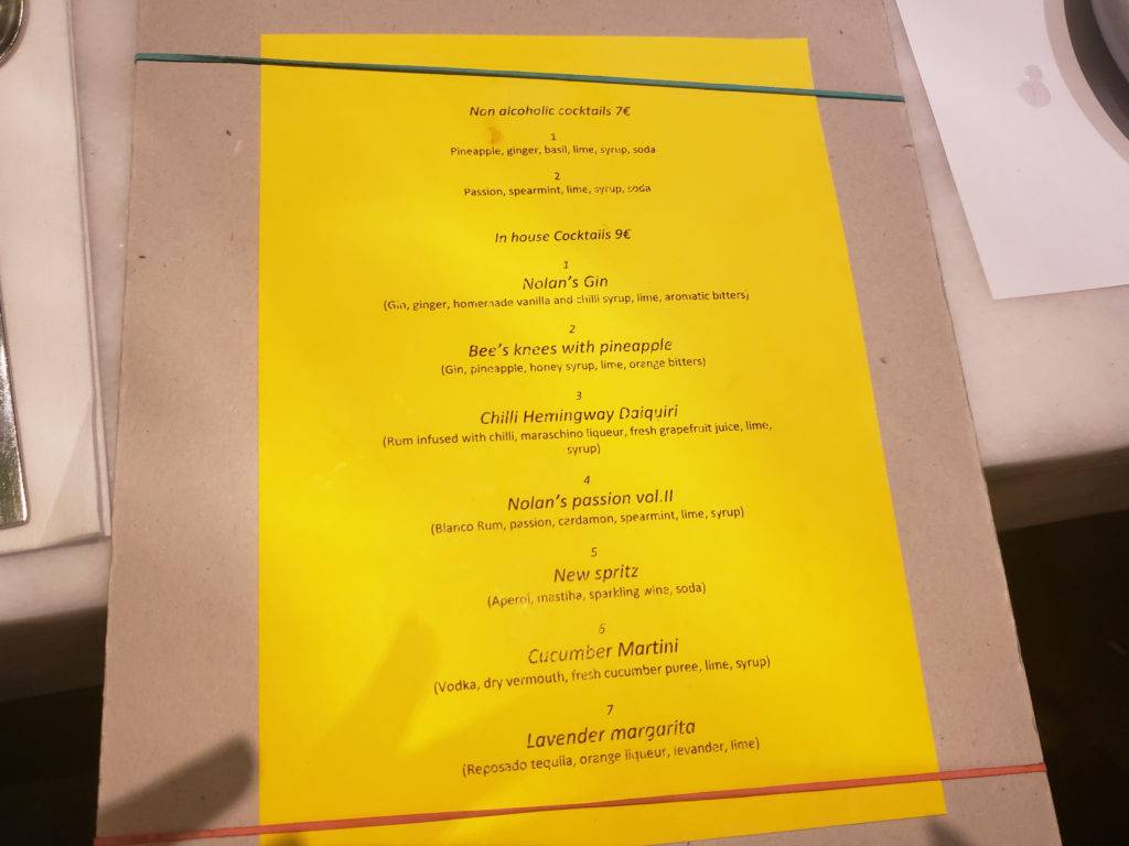 Menu at Nolan, Athens