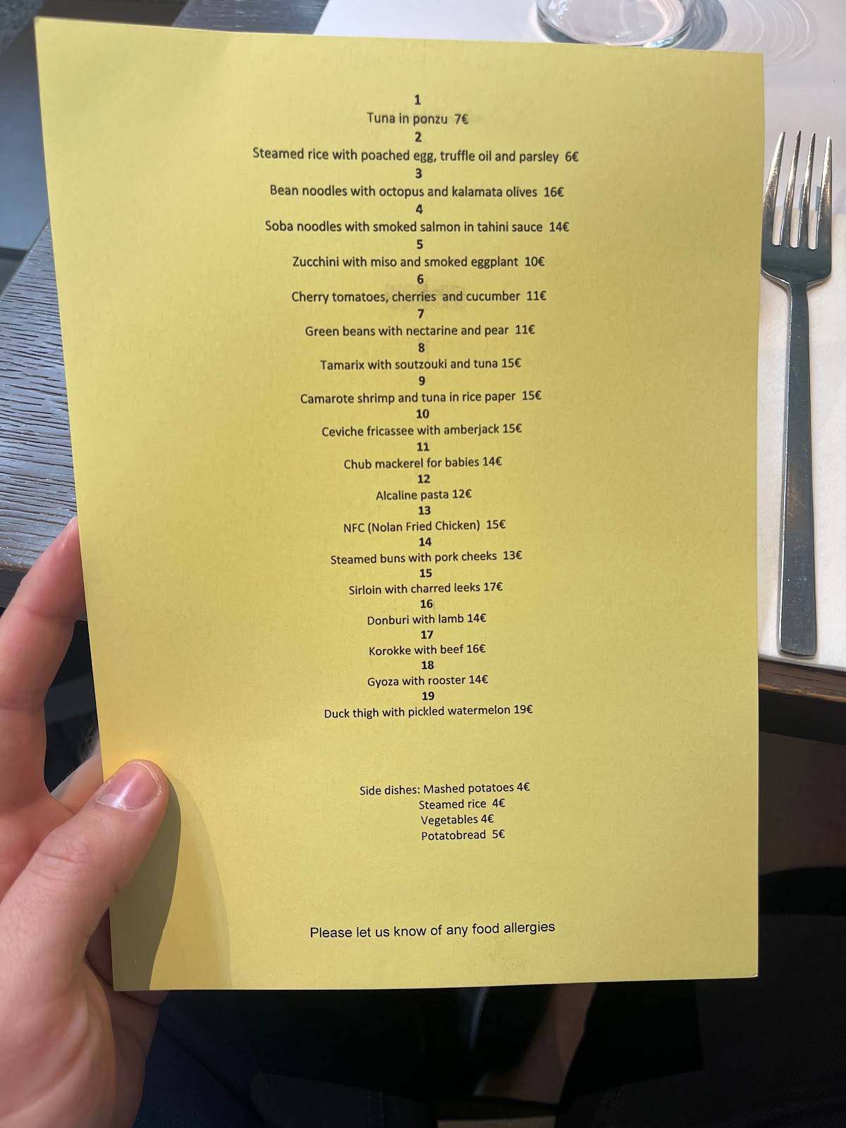 Menu at Nolan, Athens