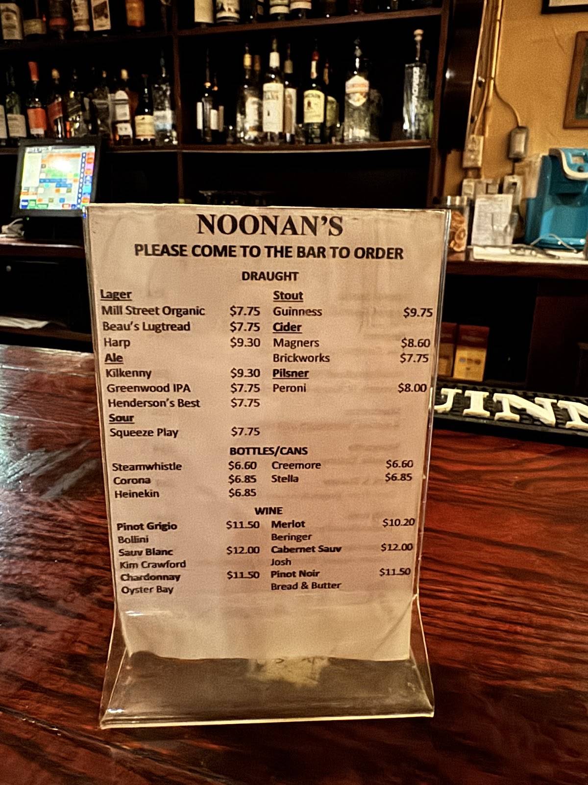 Menu at Noonan's pub & bar, Toronto