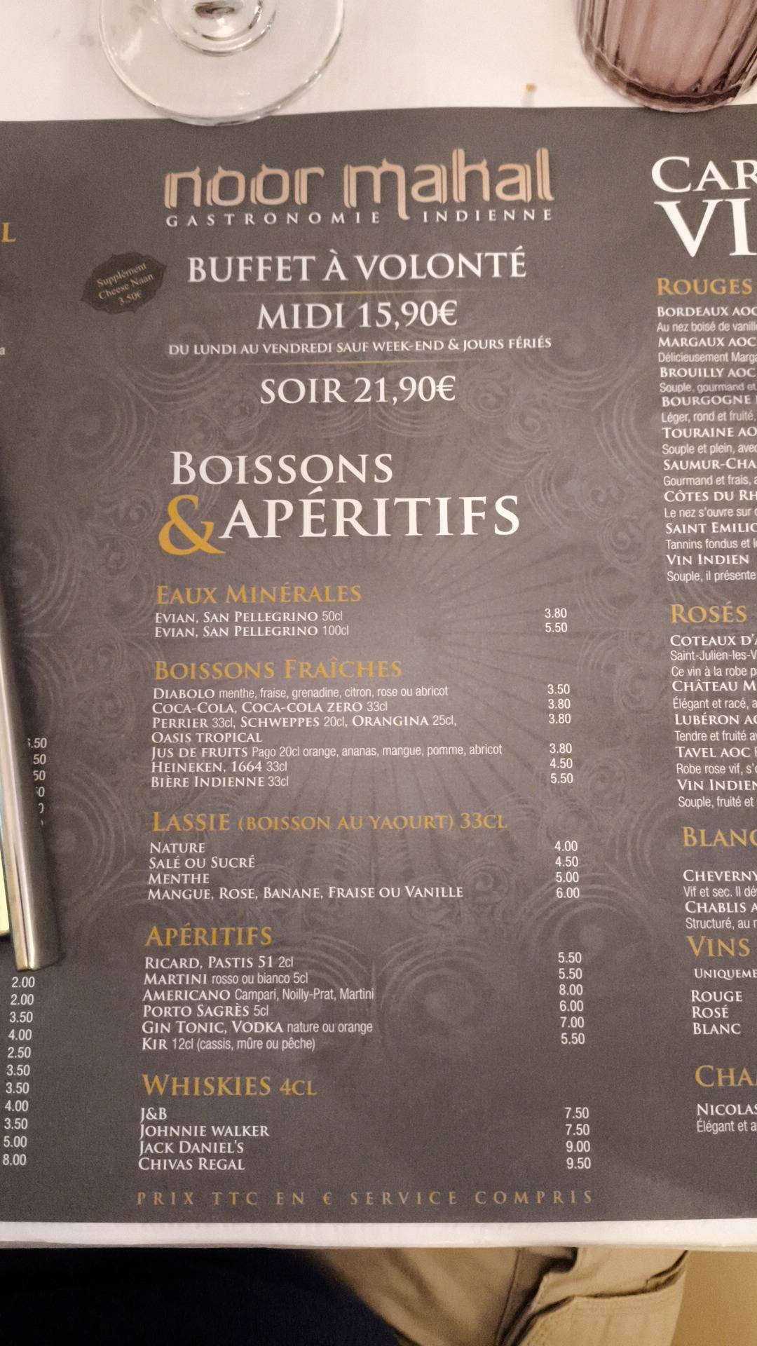 Menu au Noor mahal restaurant, Pontoise