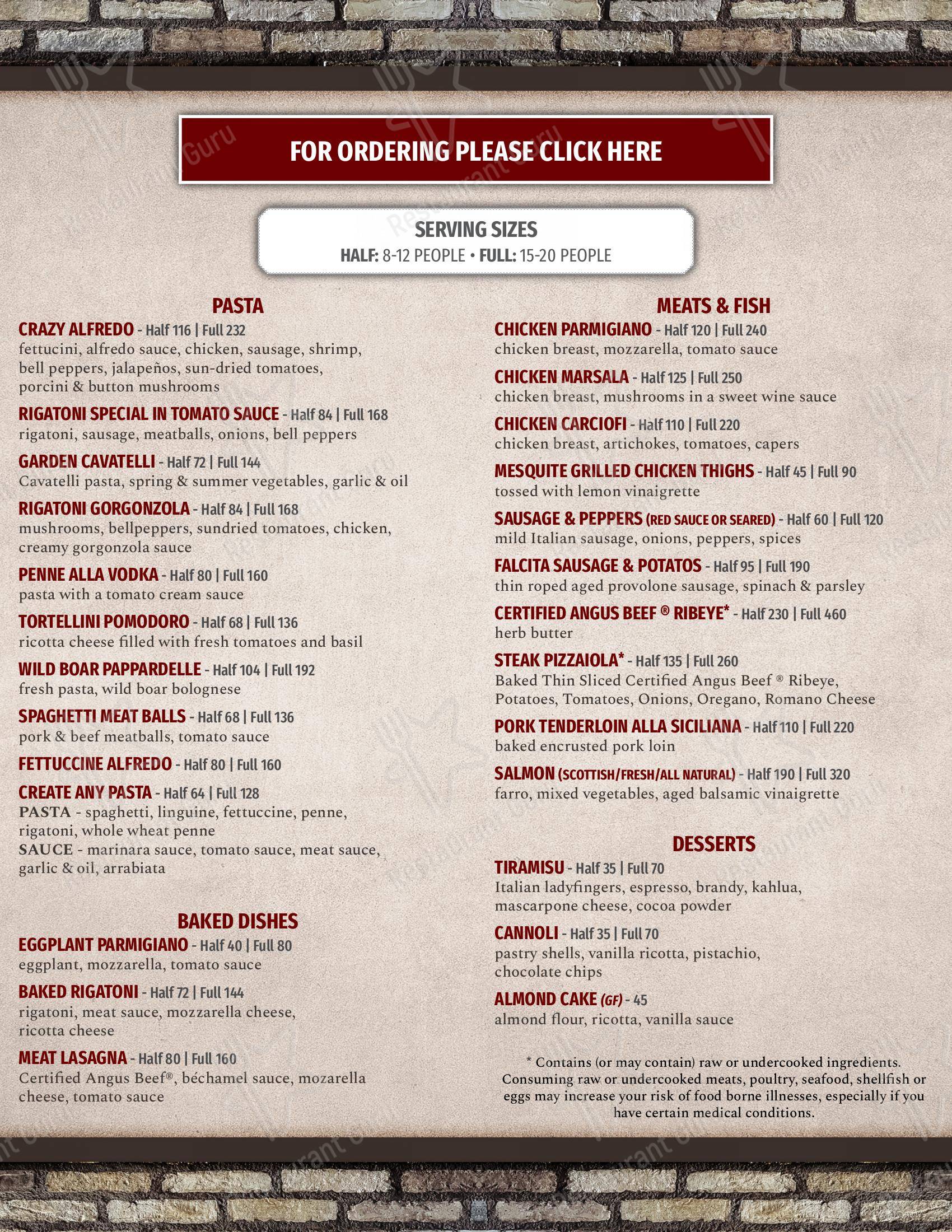 Menu at Nora's Italian Cuisine pub & bar, Las Vegas, W Flamingo Rd