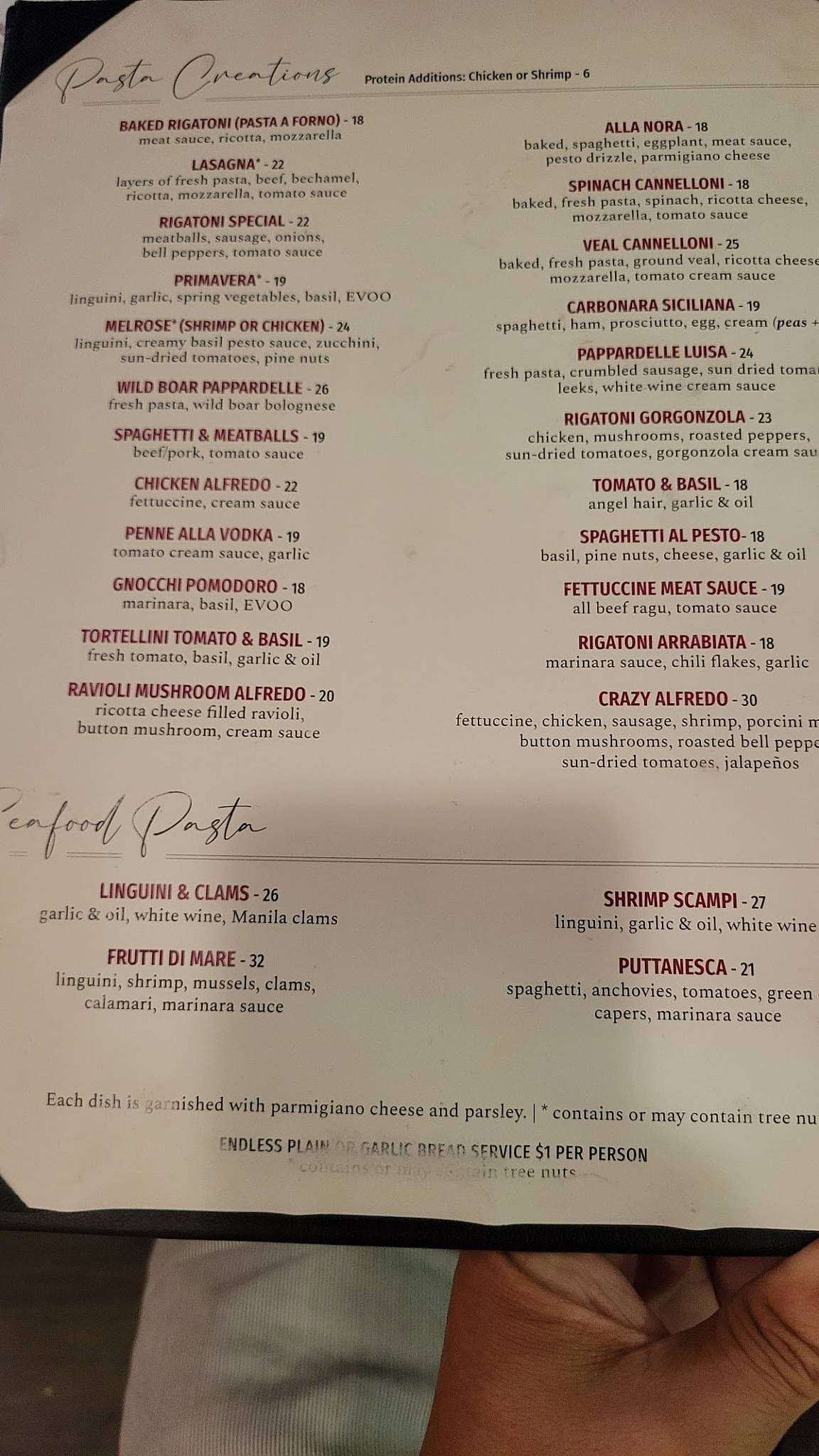 Menu at Nora's Italian Cuisine pub & bar, Las Vegas, W Flamingo Rd