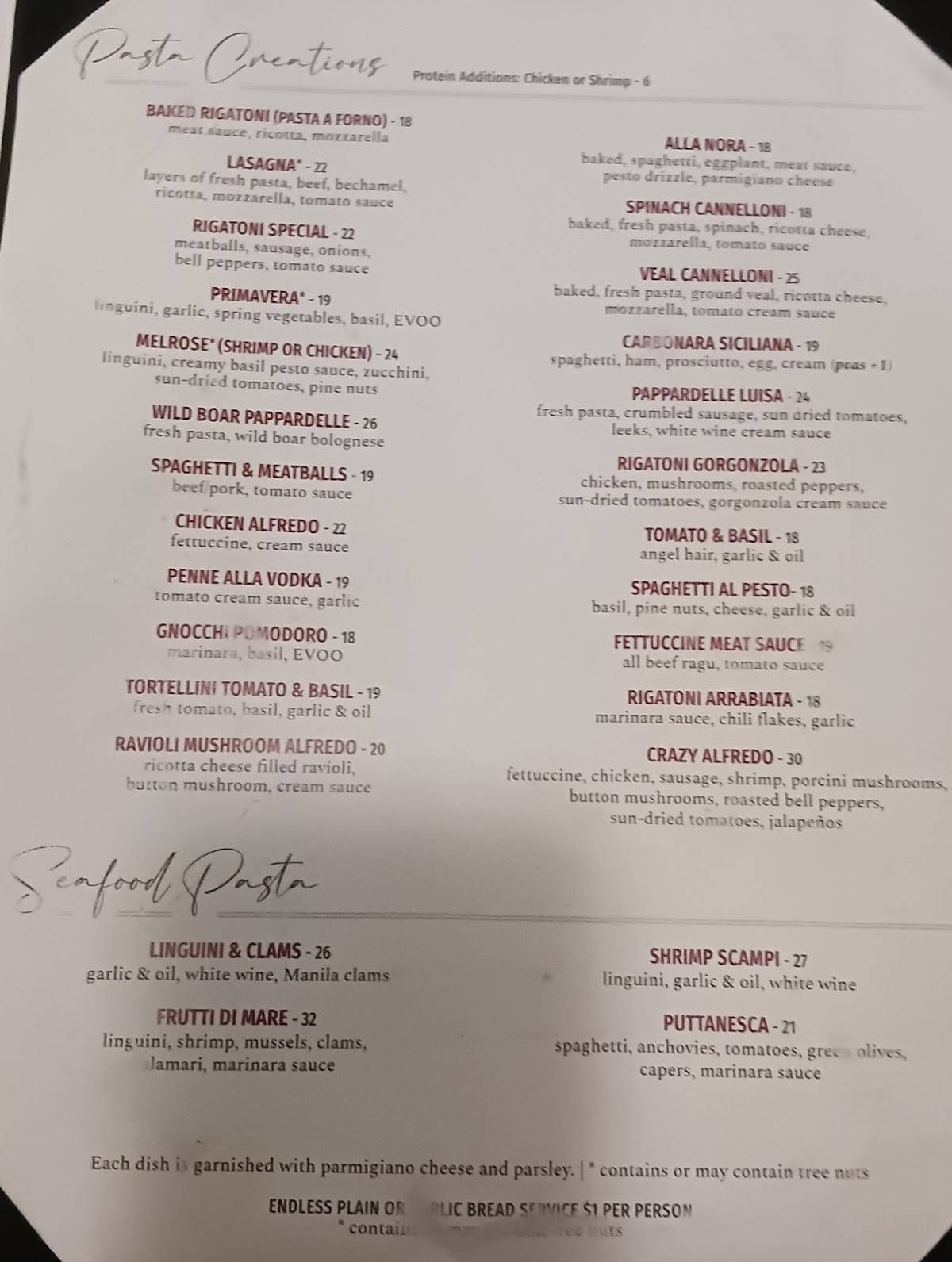 Menu at Nora's Italian Cuisine pub & bar, Las Vegas, W Flamingo Rd
