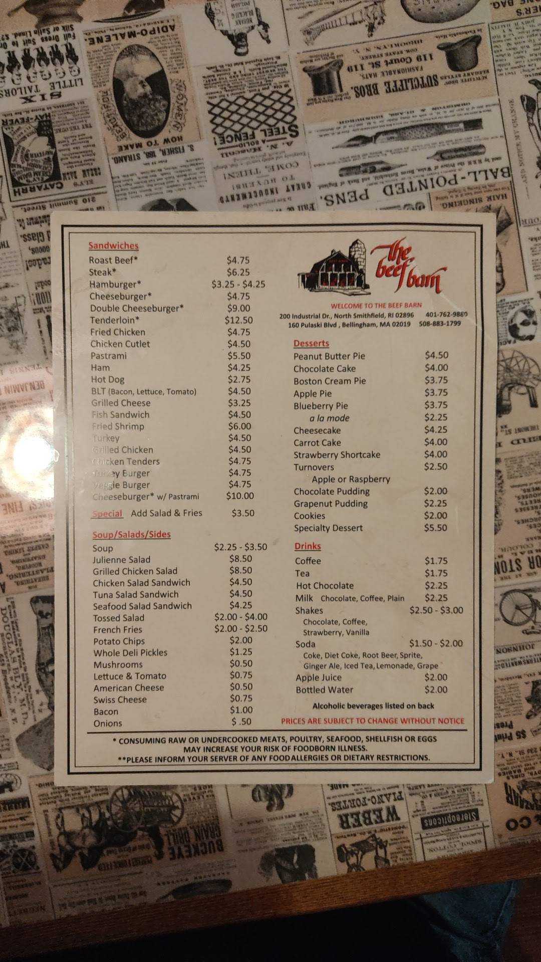 Menu at Beef Barn, North Smithfield, 200 Industrial Dr