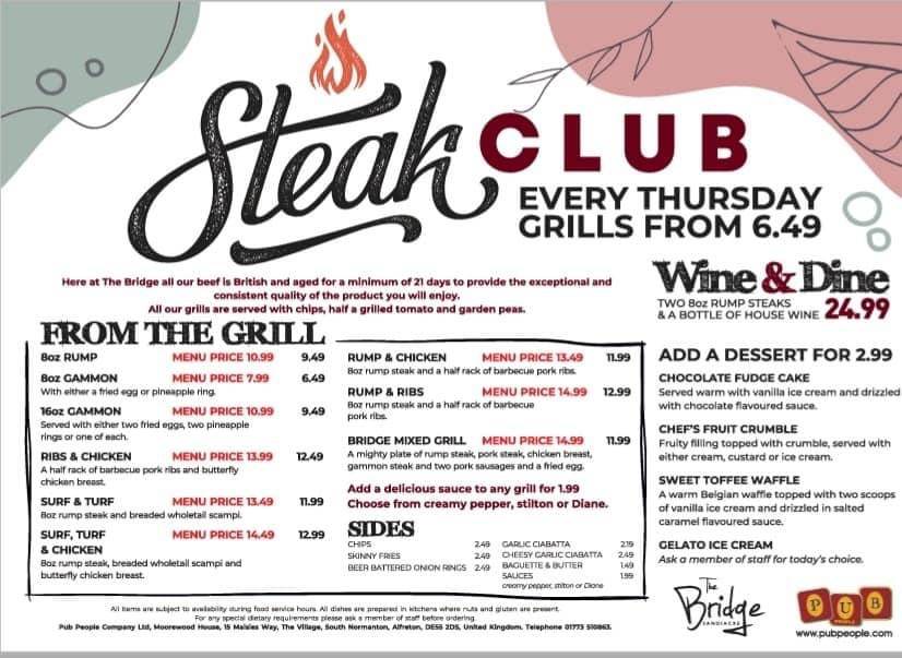 Menu at Bridge Inn pub & bar, Nottingham, Longmoor Ln