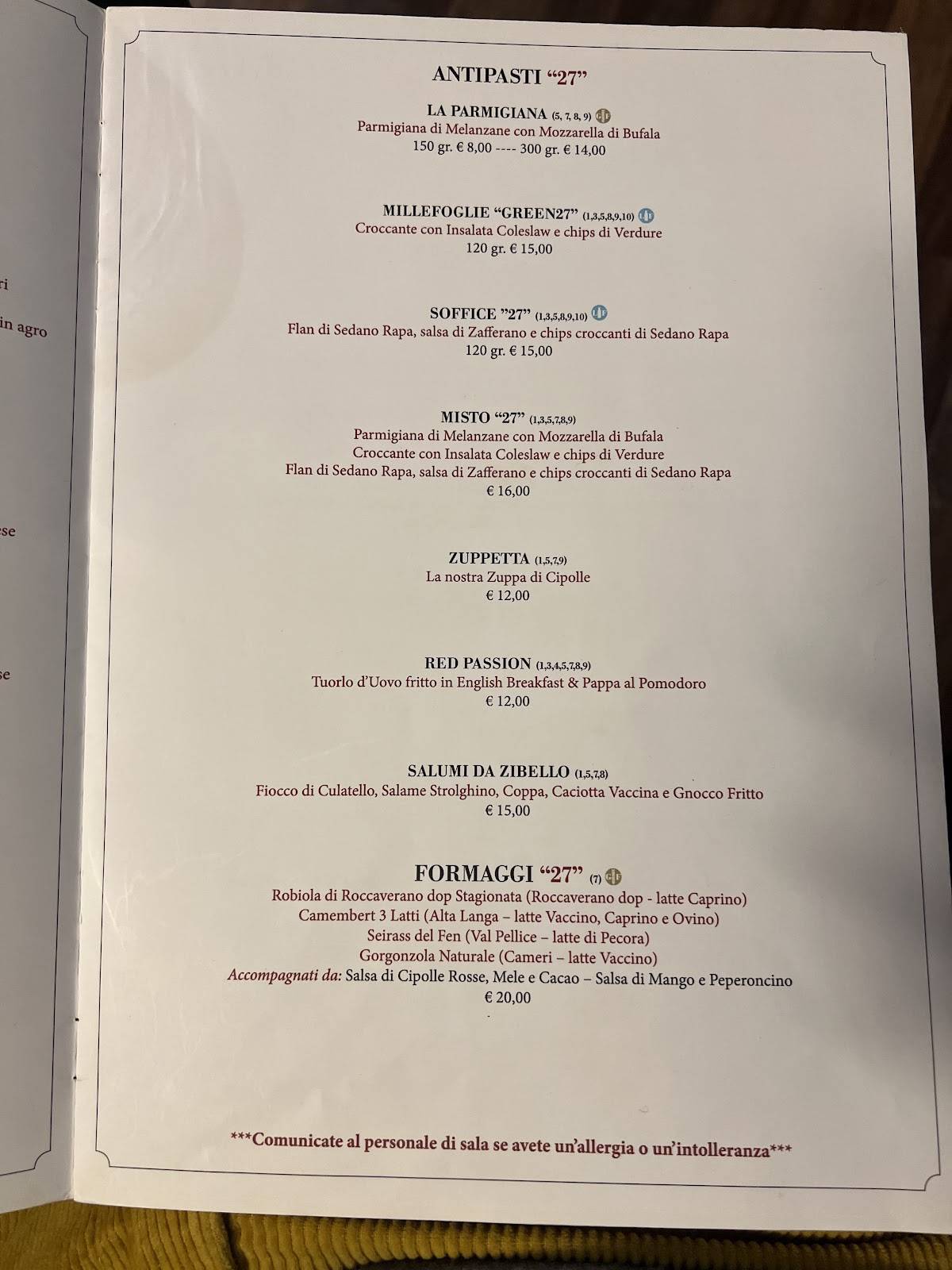 Menu at Bar VinOsteria Civico27Novara, Novara