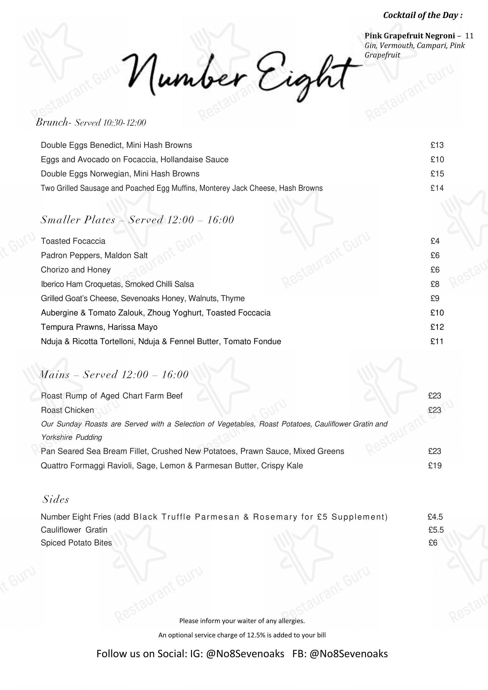 Menu at Number Eight restaurant, Sevenoaks
