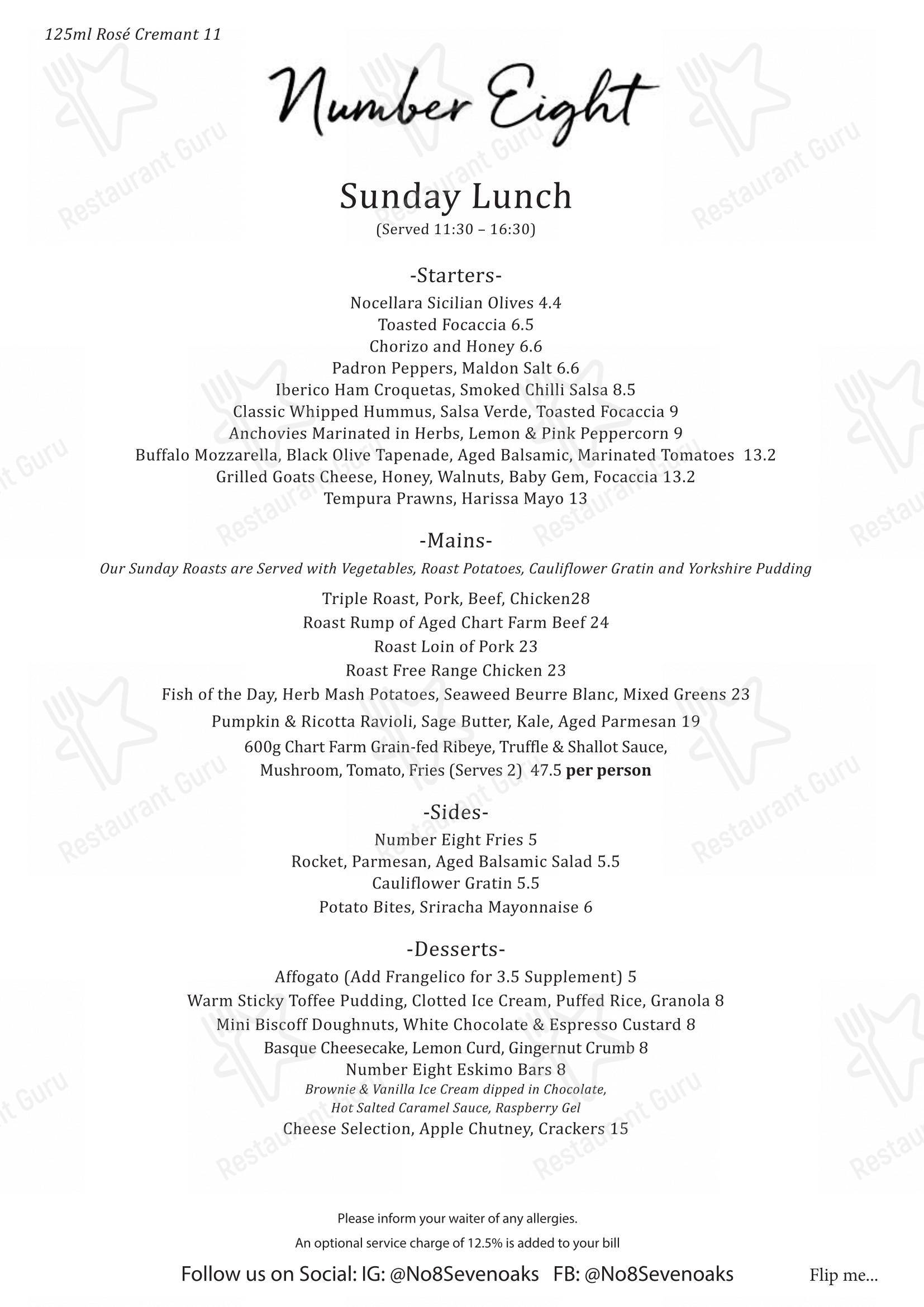 Menu at Number Eight restaurant, Sevenoaks