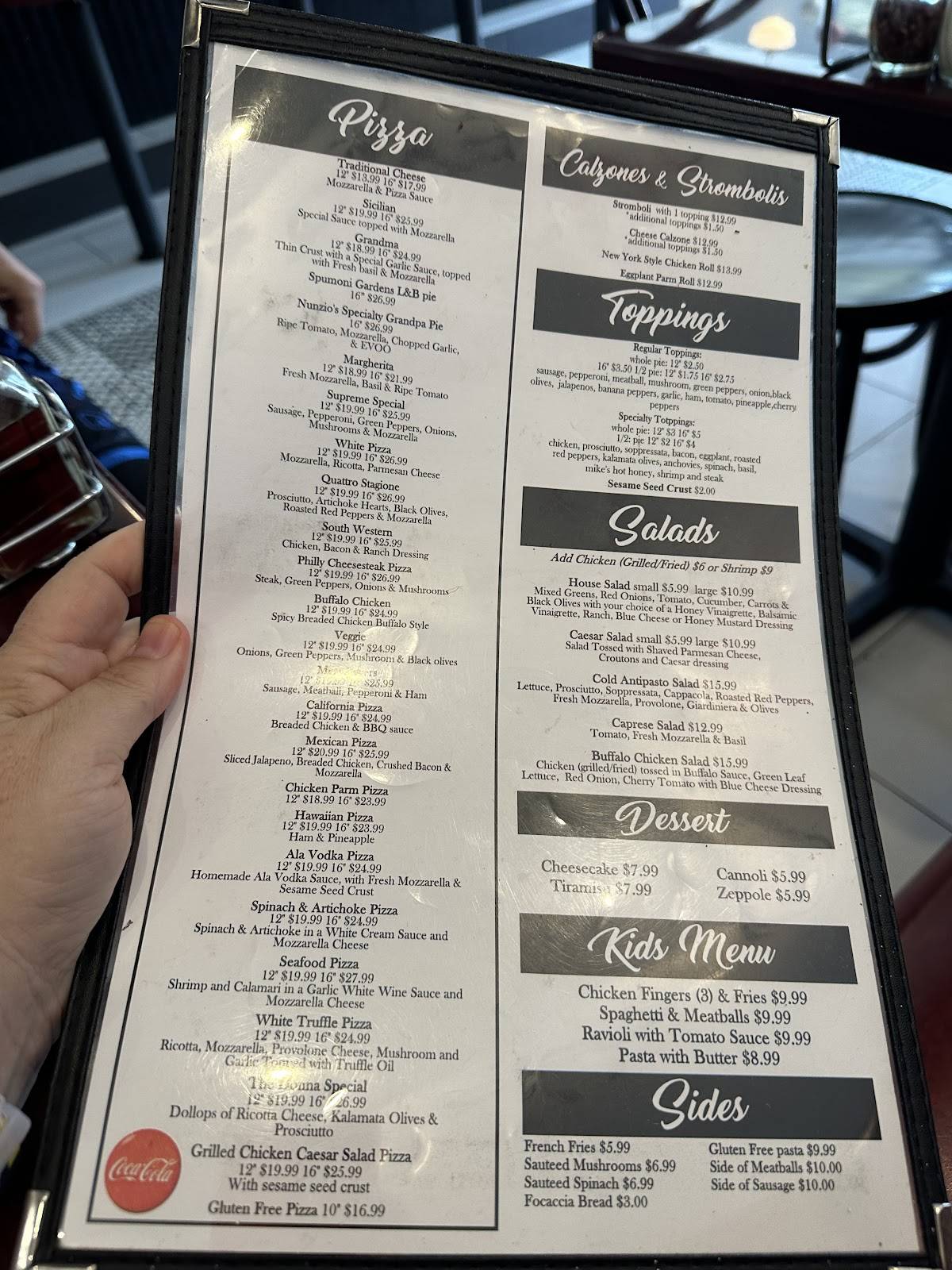Menu at Nunzio's Taste of Italy pizzeria, Naples