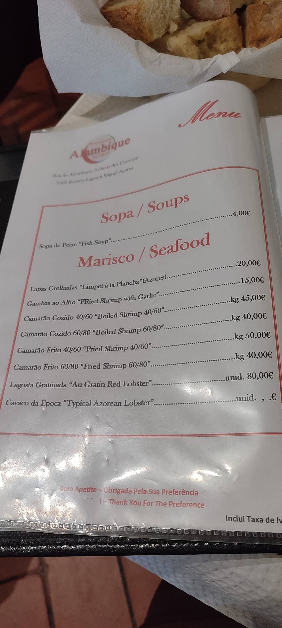 Carta del restaurante O Alambique, Lagoa