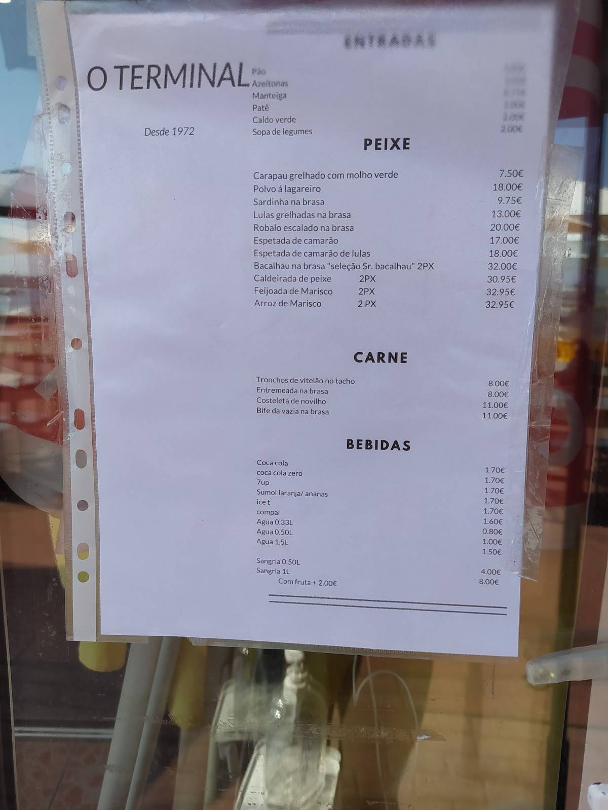 Menu em O Terminal restaurante, Torreira