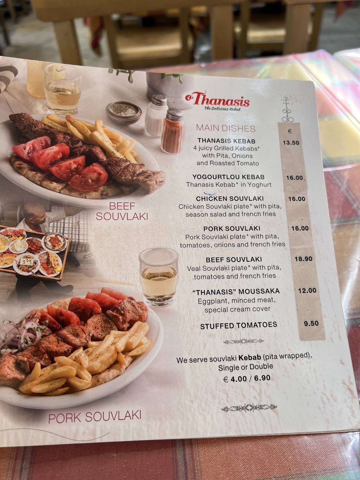 Menu at O Thanasis, Athens, Mitropoleos 69