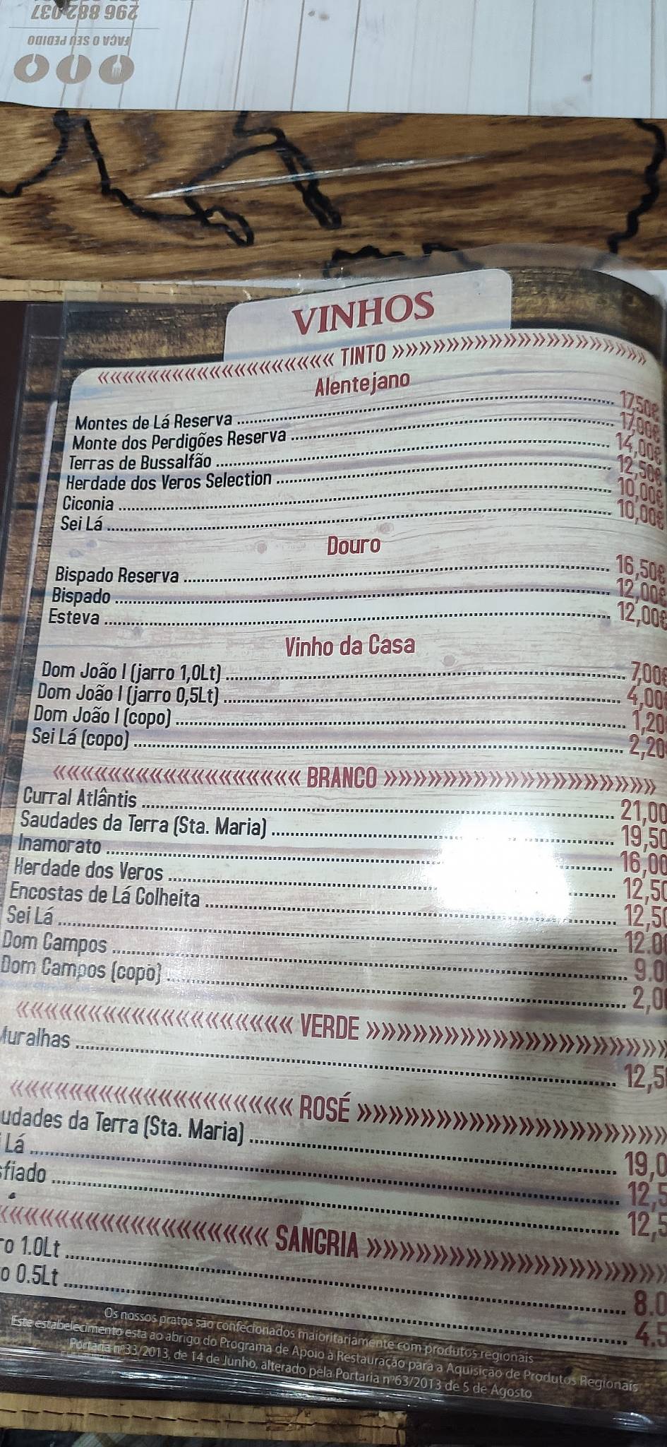 Menu em "O Tibério" restaurante, Vila Do Porto