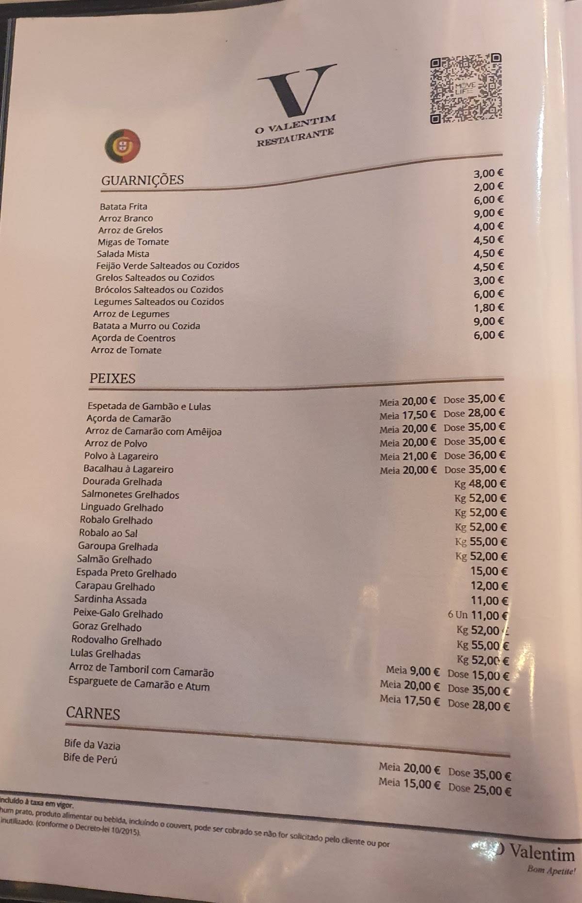 Menu em O Valentim restaurante, Matosinhos, Rua Herois Franca 263