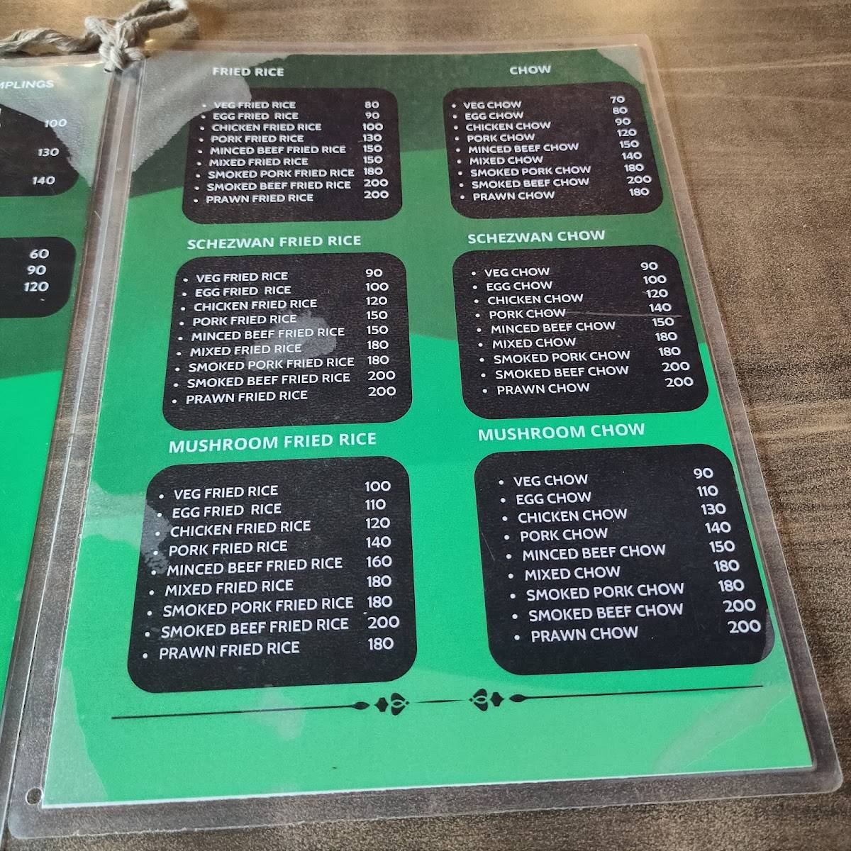 Menu at OG Foods, Shillong
