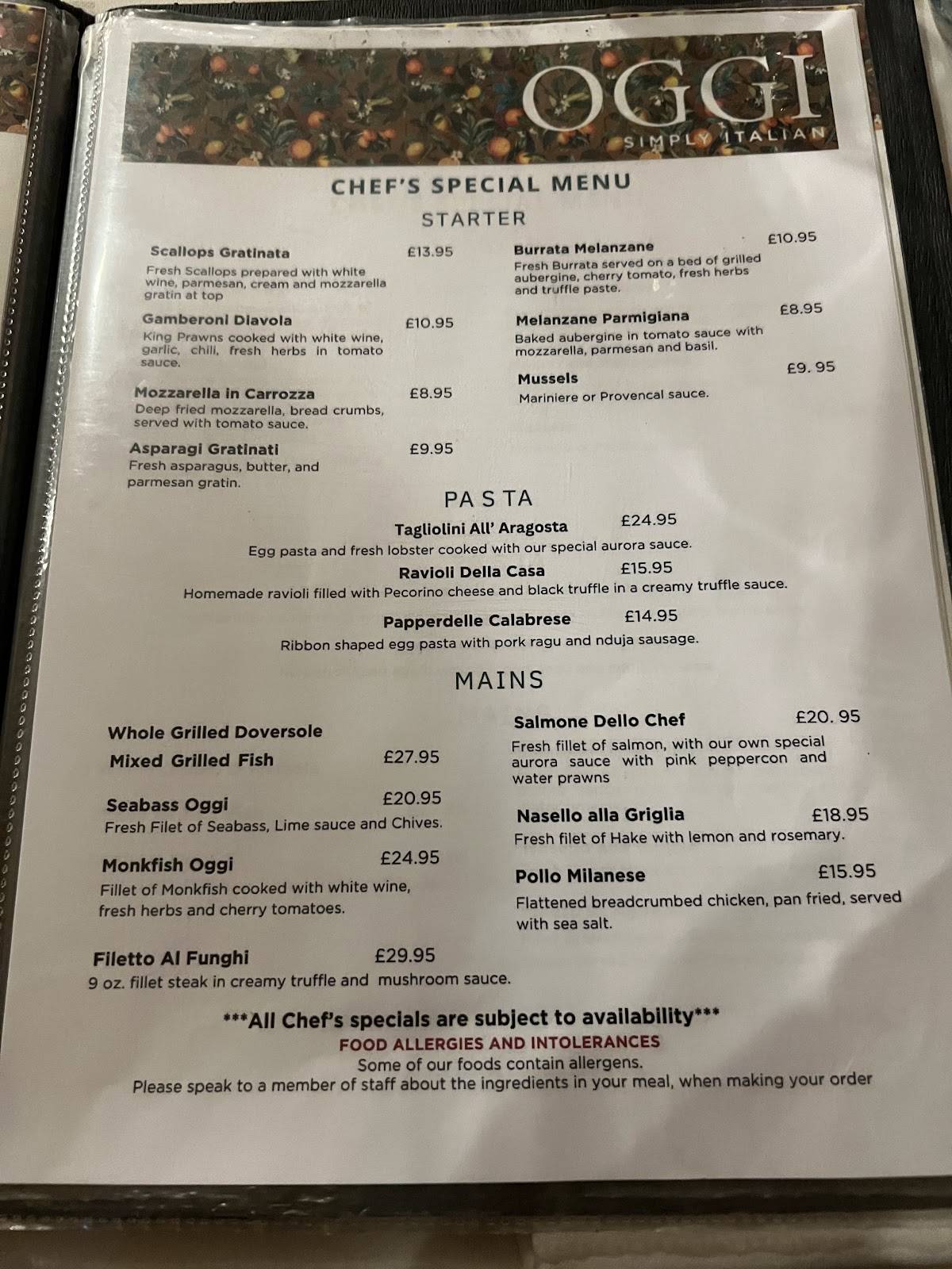 Menu at OGGI Italian Restaurant, Leicester