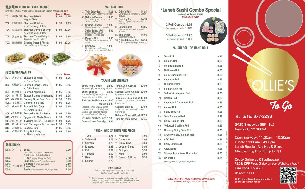 Menu at Ollie’s To Go: Upper West Side restaurant, New York City, Broadway