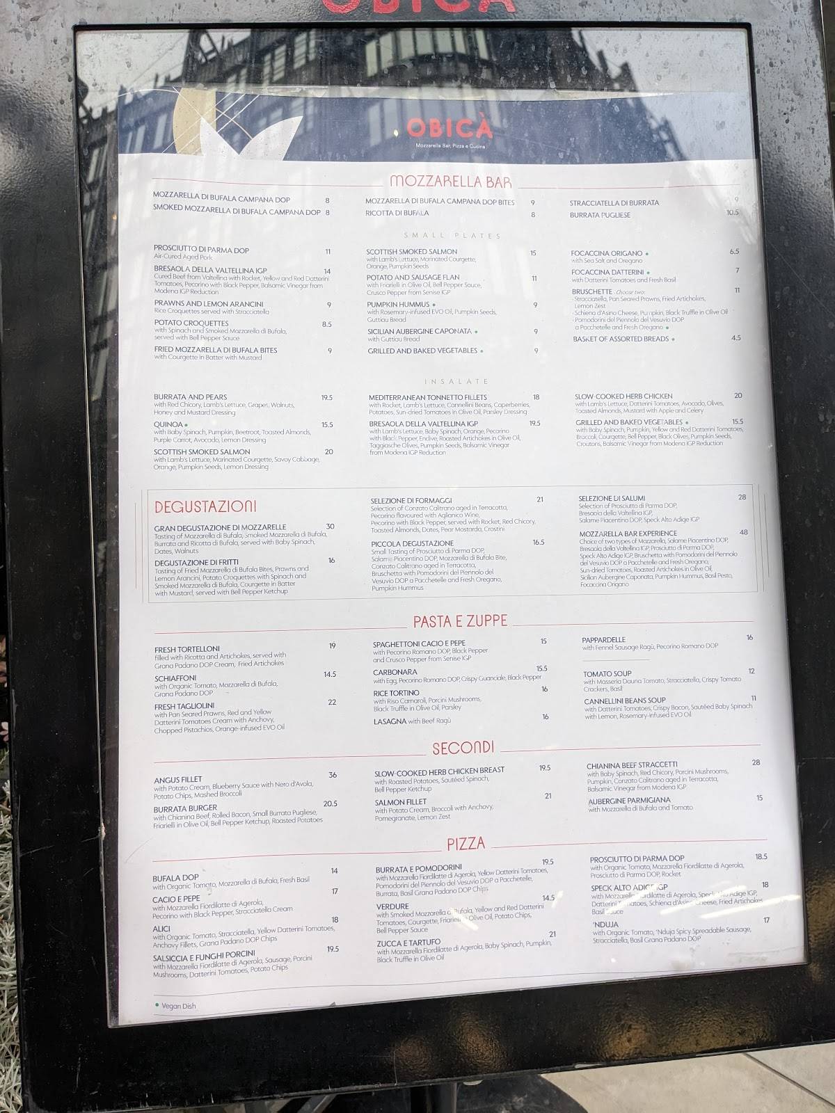 Menu at Obicà restaurant, London, Unit 4