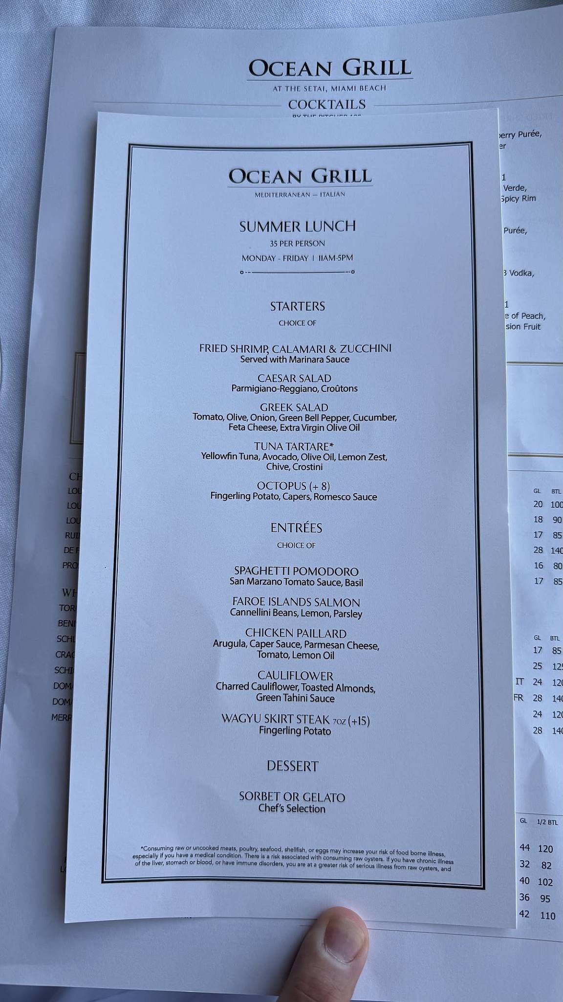 Menu at Ocean Grill at The Setai restaurant, Miami Beach