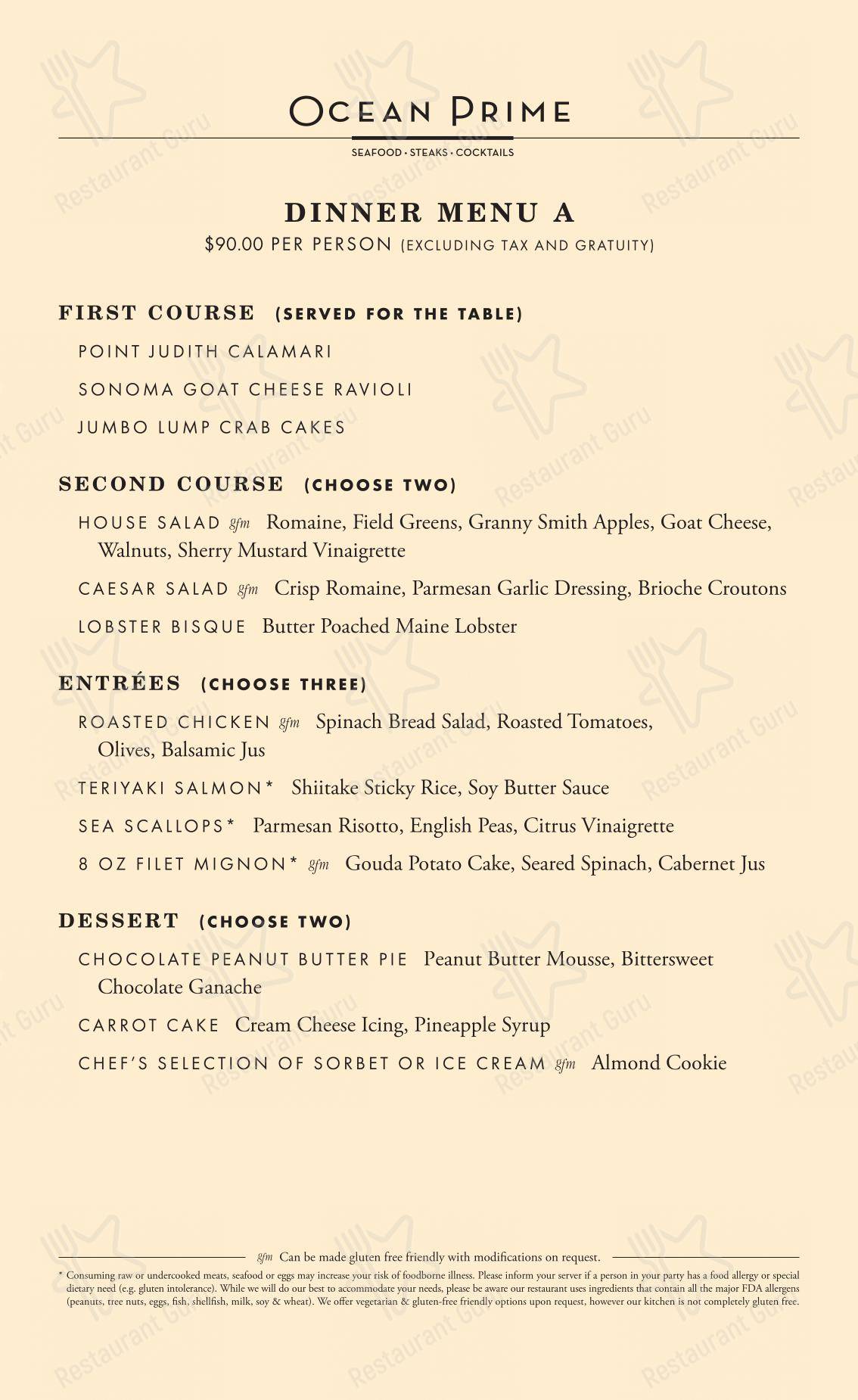 Menu at Ocean Prime steakhouse, Indianapolis, River Rd #100