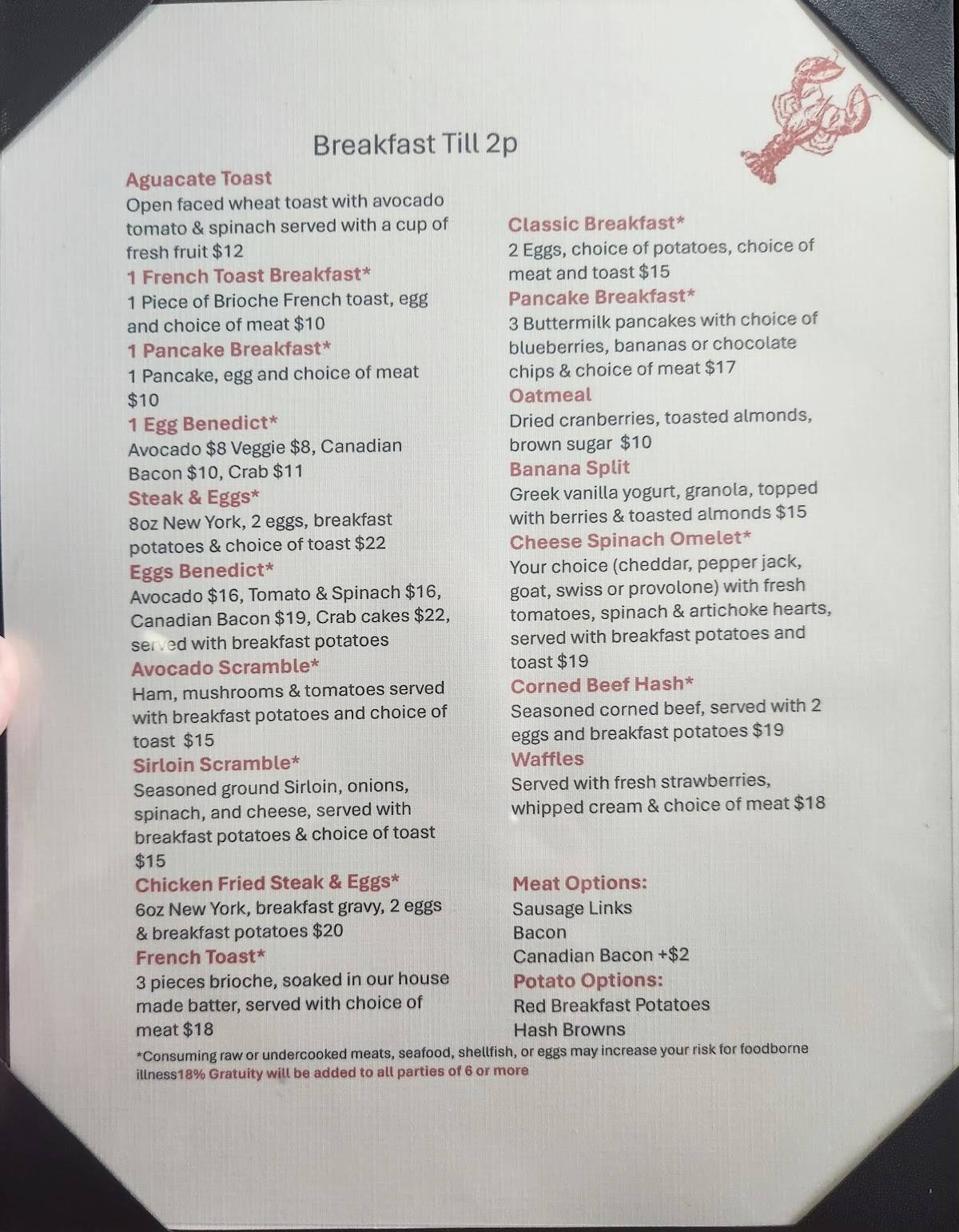 Menu at Ocean Prime Family Restaurant, Chehalis