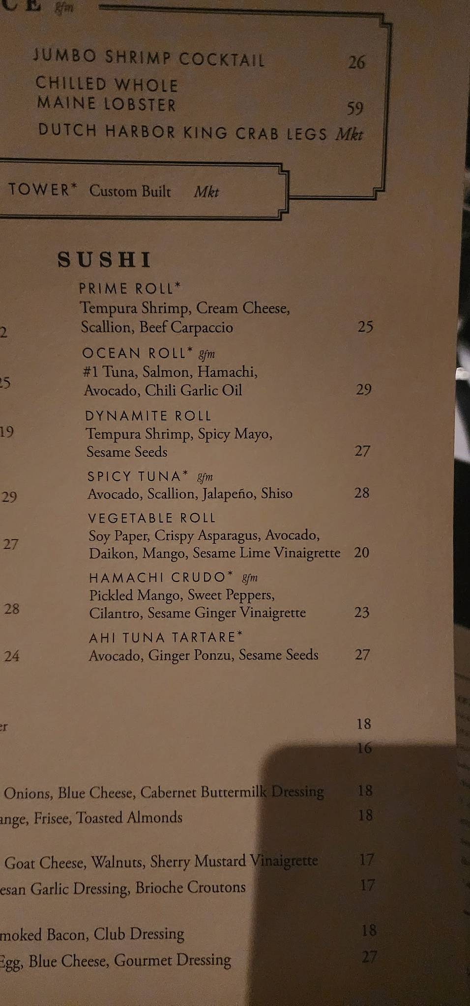 Menu at Ocean Prime steakhouse, Orlando