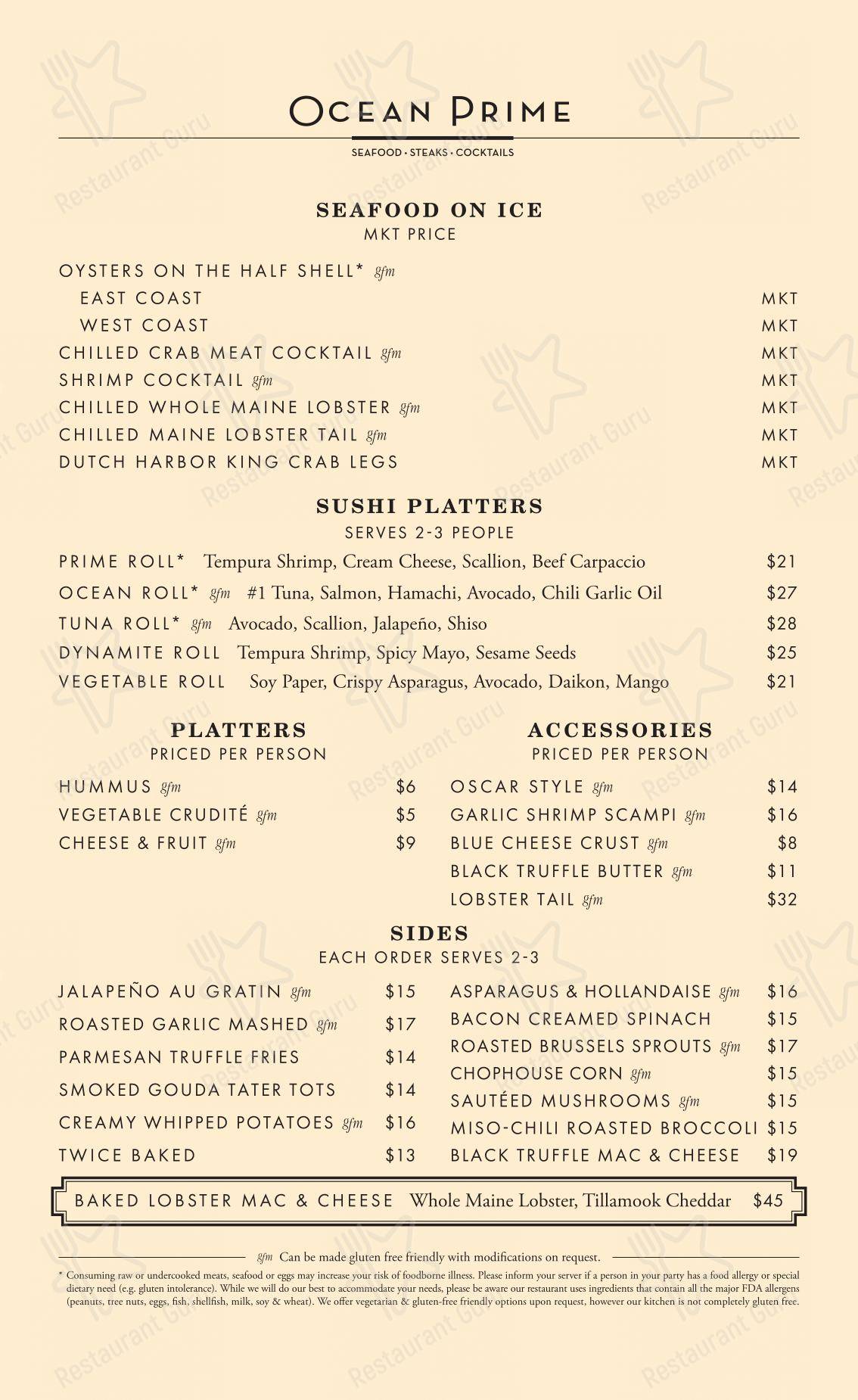 Menu at Ocean Prime steakhouse, Philadelphia