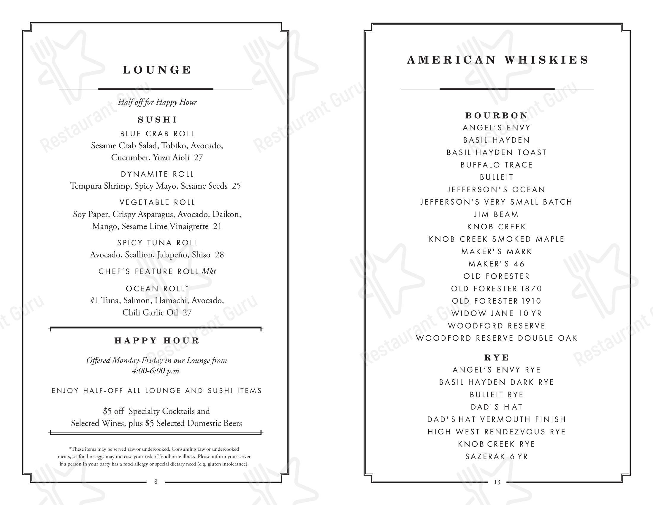 Menu at Ocean Prime steakhouse, Philadelphia