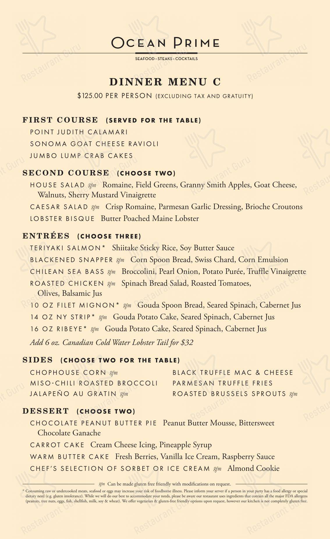 Menu at Ocean Prime steakhouse, Philadelphia