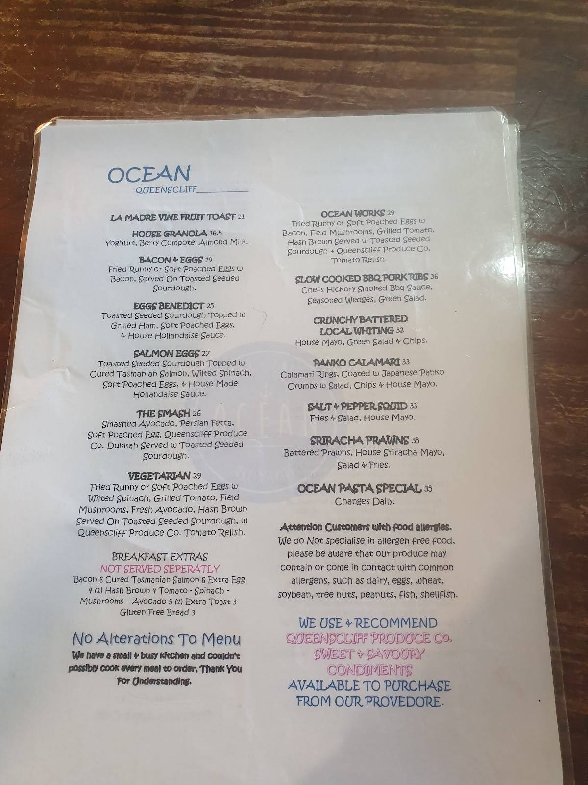 Menu at Ocean cafe, Queenscliff