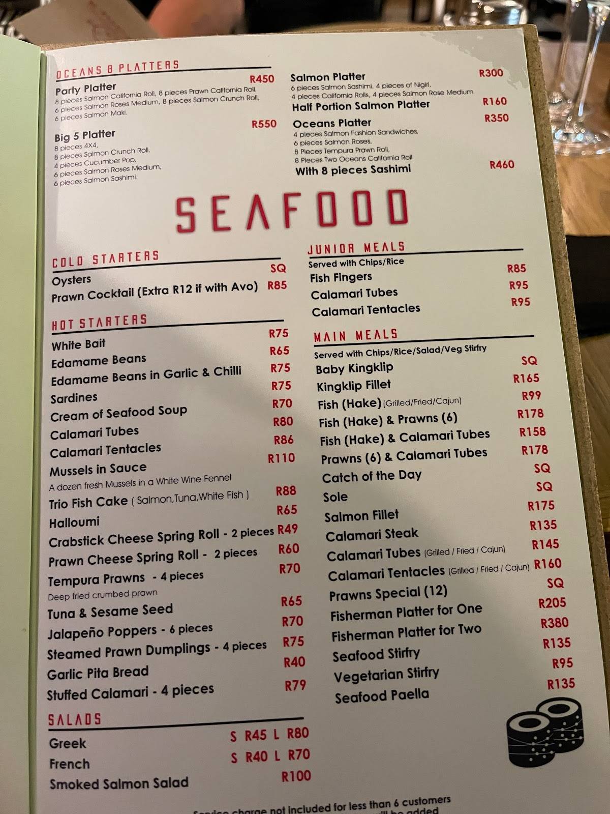 Menu at Oceans 8 Seafood & Sushi Somerset West restaurant, Cape Town