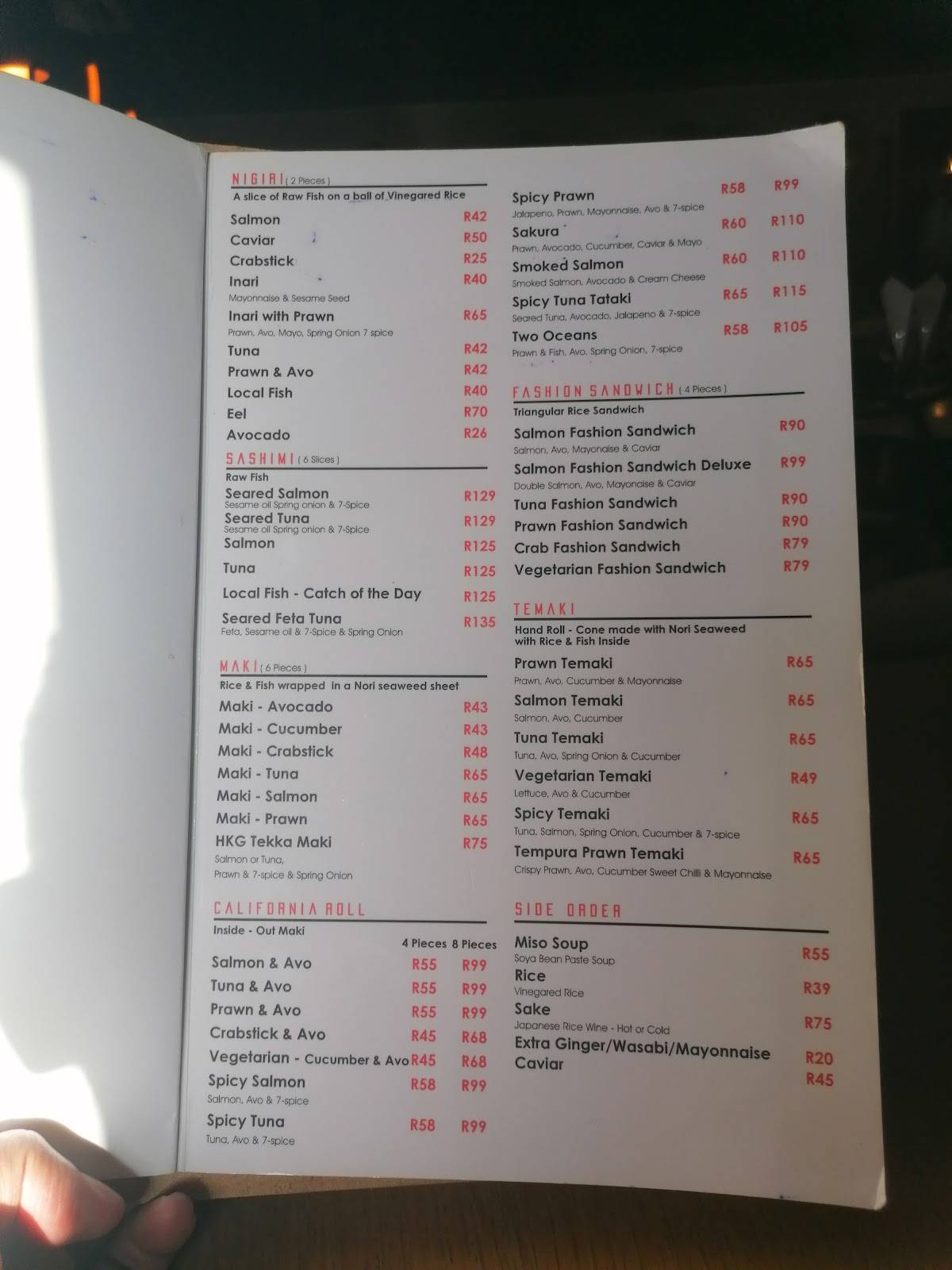 Menu at Oceans 8 Seafood & Sushi Somerset West restaurant, Cape Town