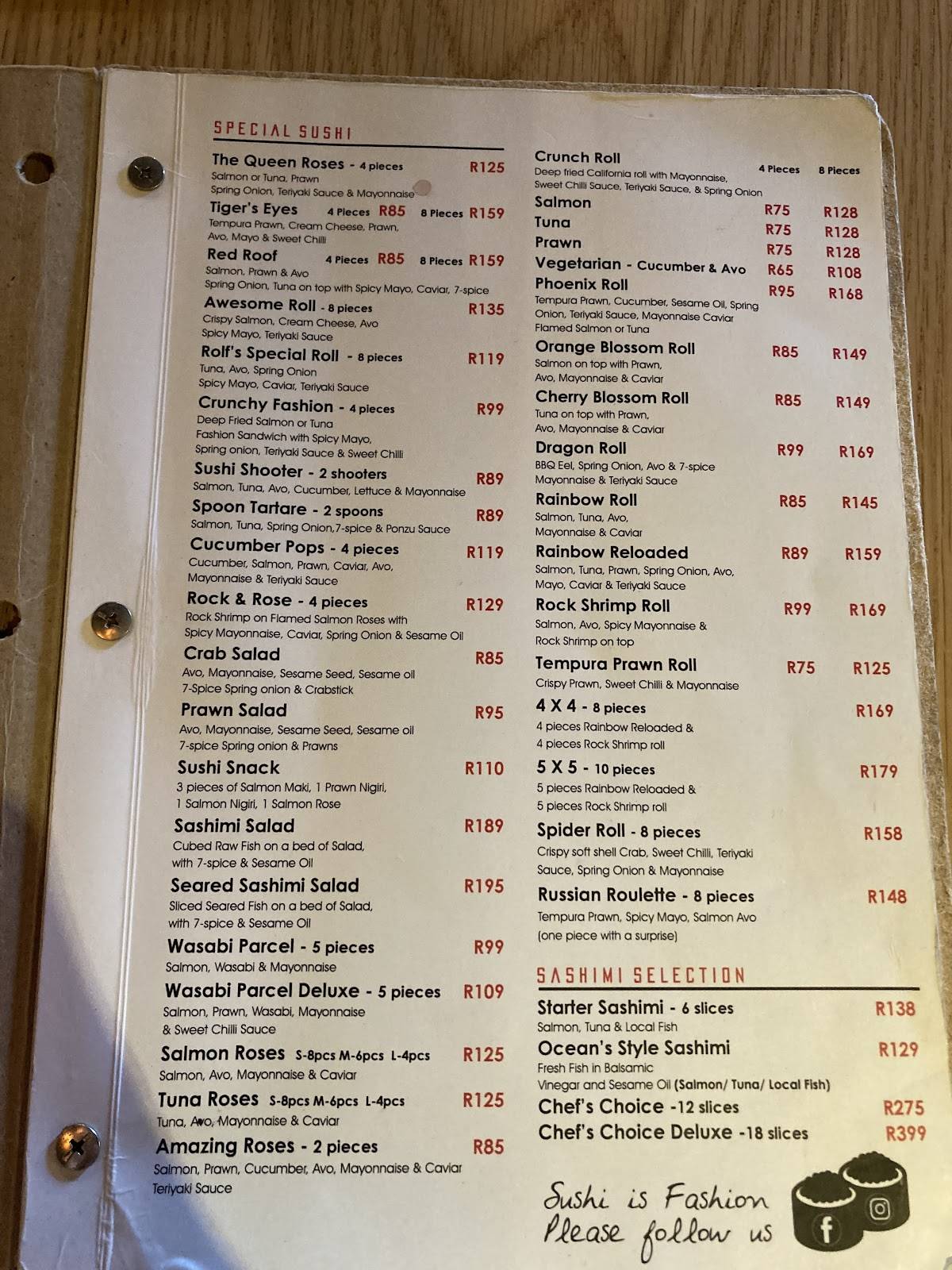 Menu at Oceans 8 Seafood & Sushi Somerset West restaurant, Cape Town