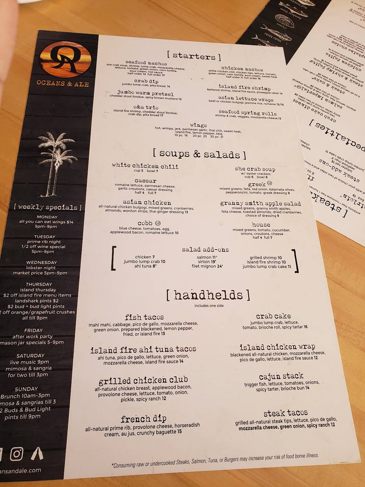 Menu at Oceans & Ale pub & bar, Williamsburg, Richmond Rd