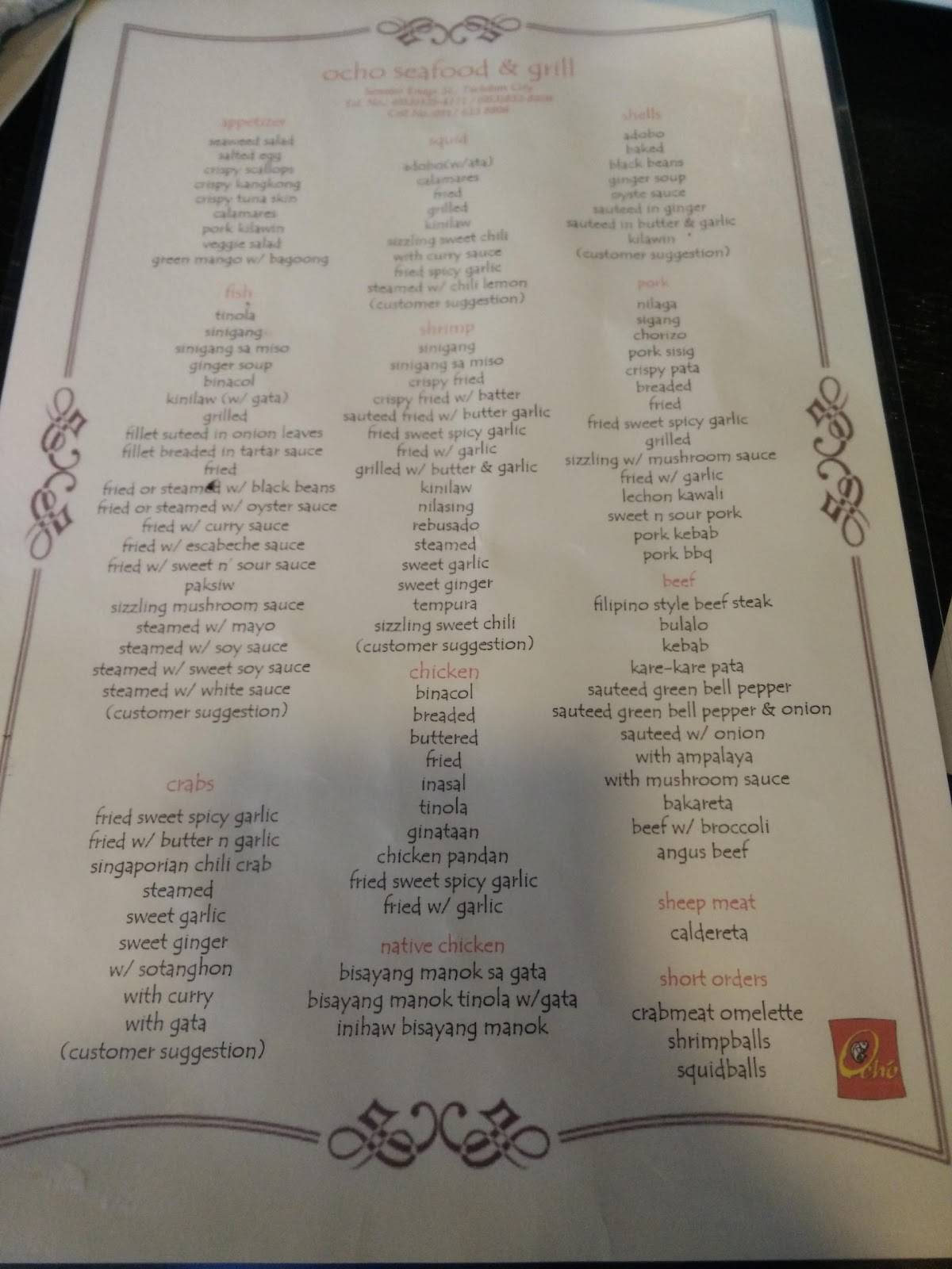 Menu at Ochó Seafood and Grill restaurant, Tacloban City