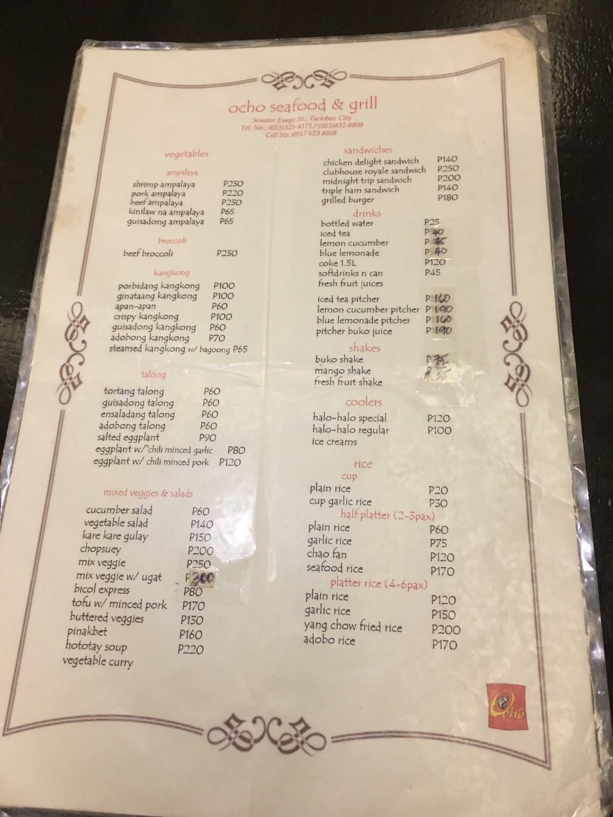 Menu at Ochó Seafood and Grill restaurant, Tacloban City