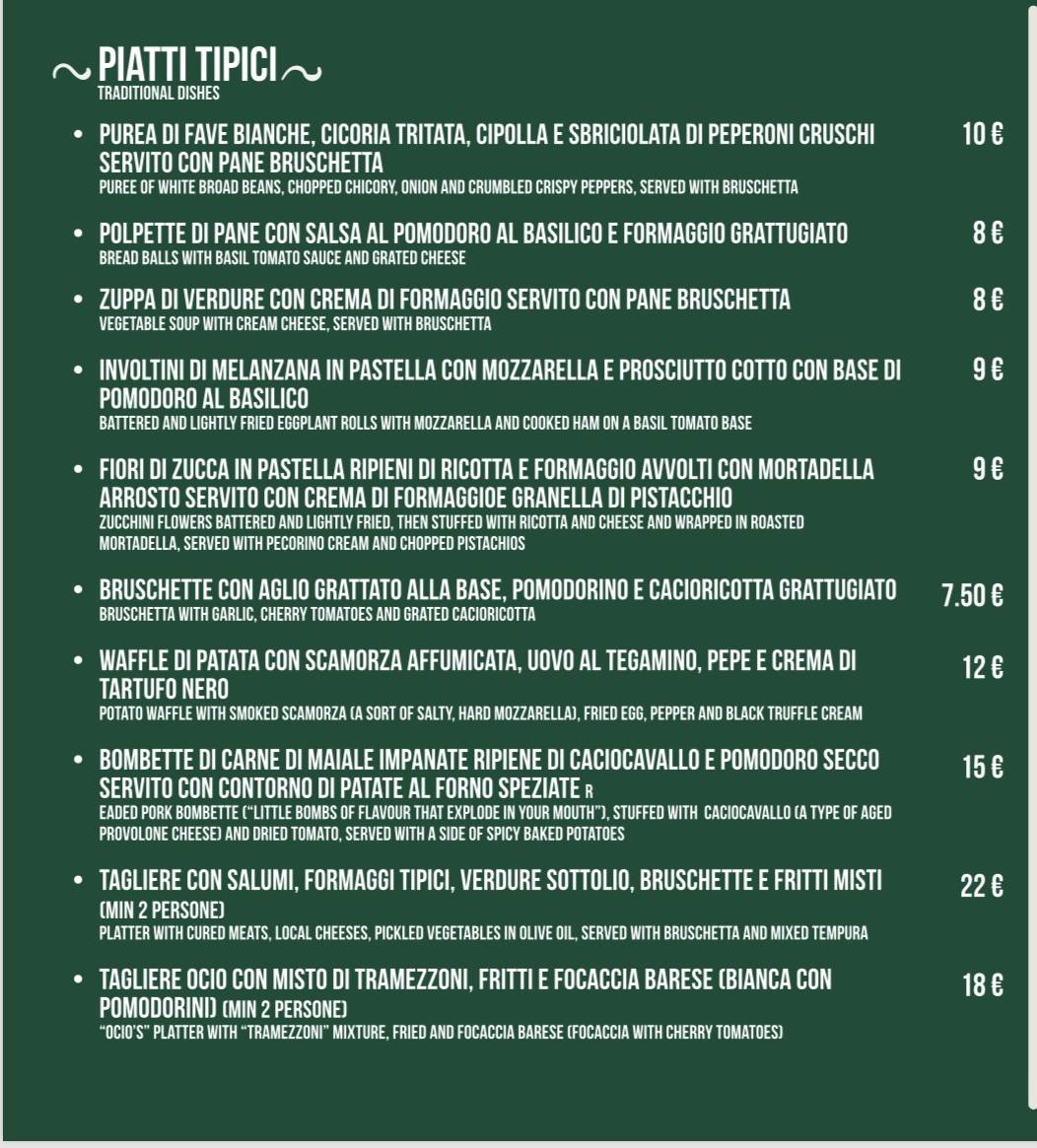 Menu da Ocio Sandwich Room pub & bar, Matera